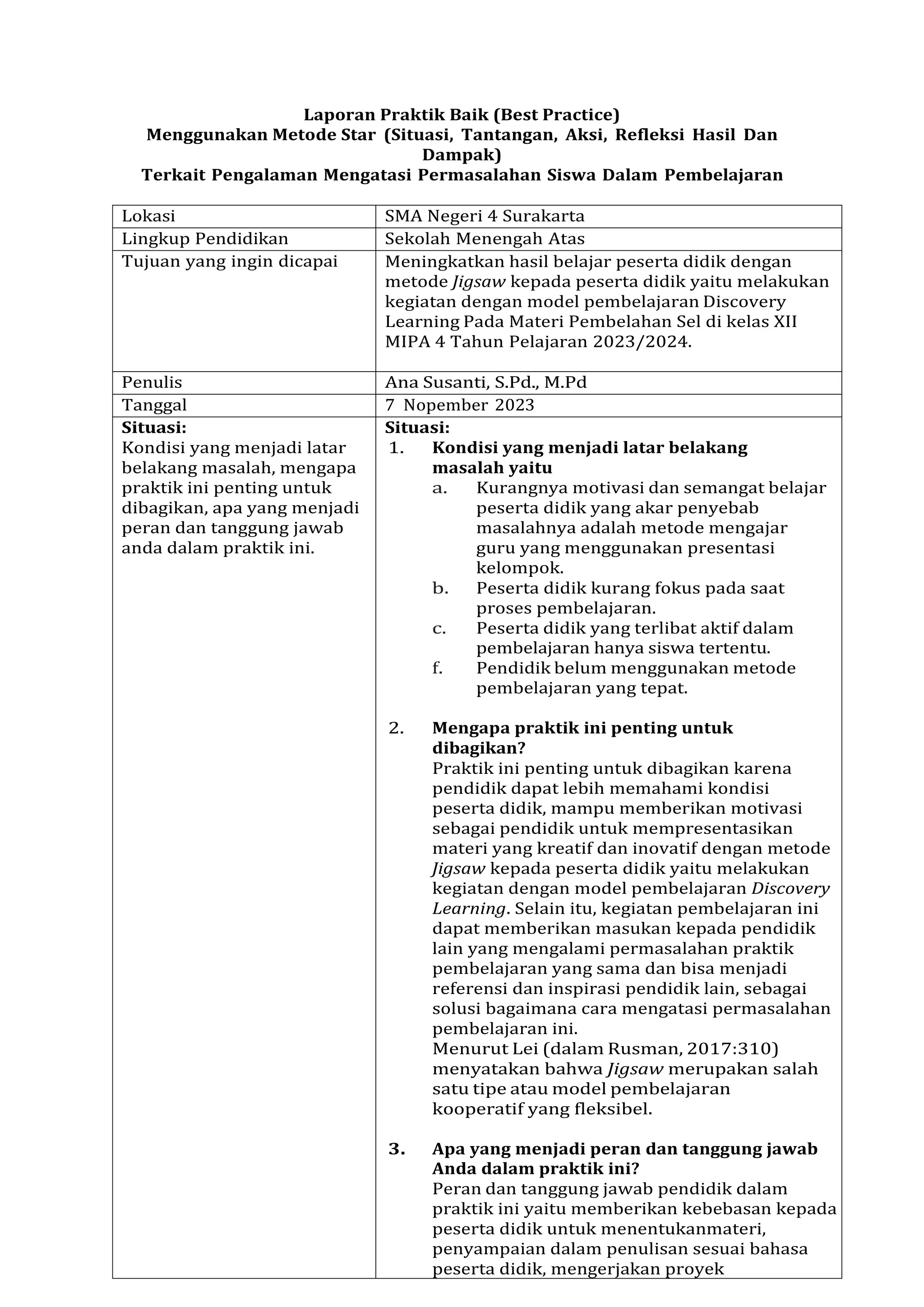 LAPORAN BEST PRACTICE. PEMBELAJARAN BIOLOGI MODEL STAR | PDF