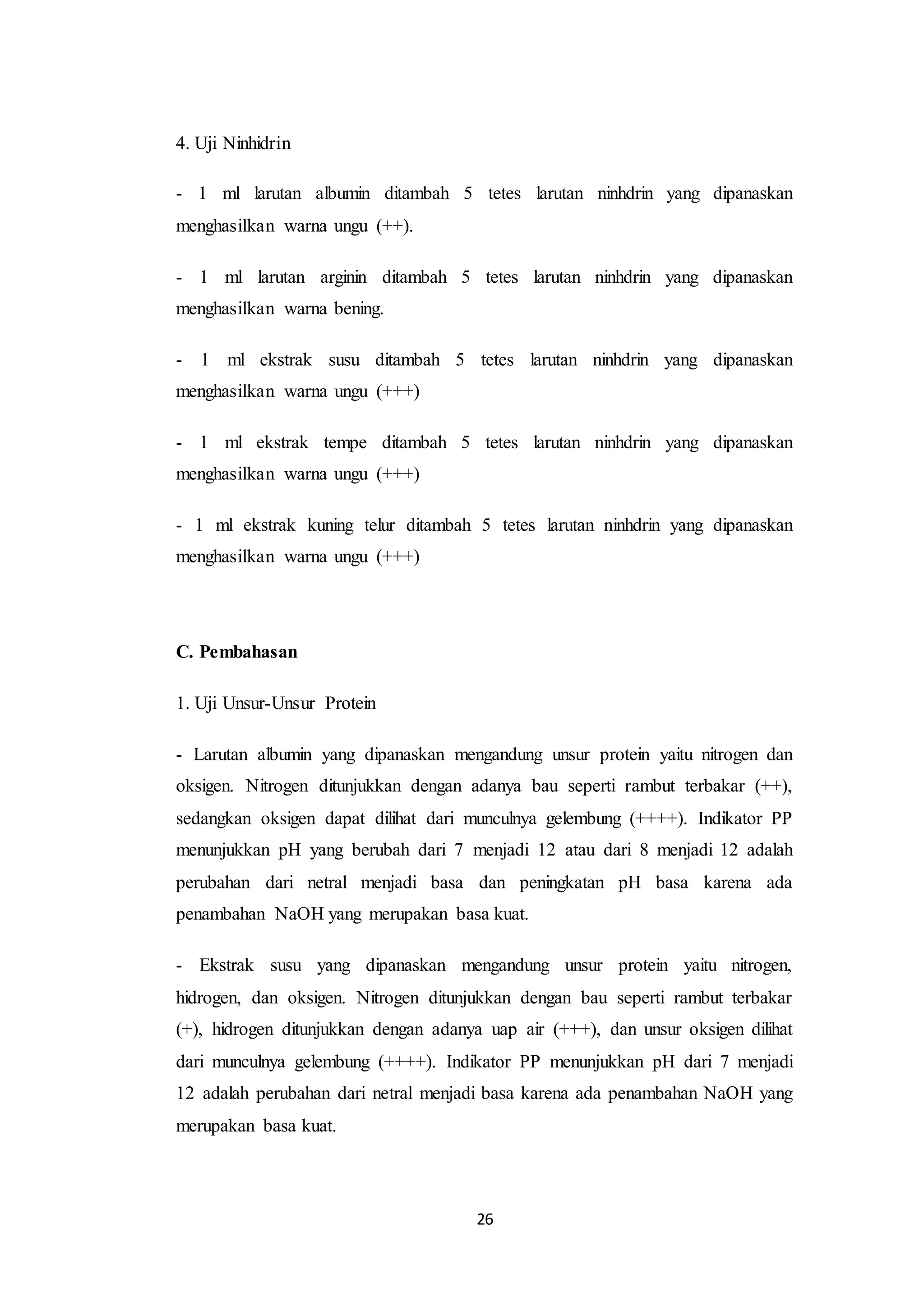 Laporan Biokimia Praktikum Protein: Uji Unsur-Unsur Protein, Uji ...