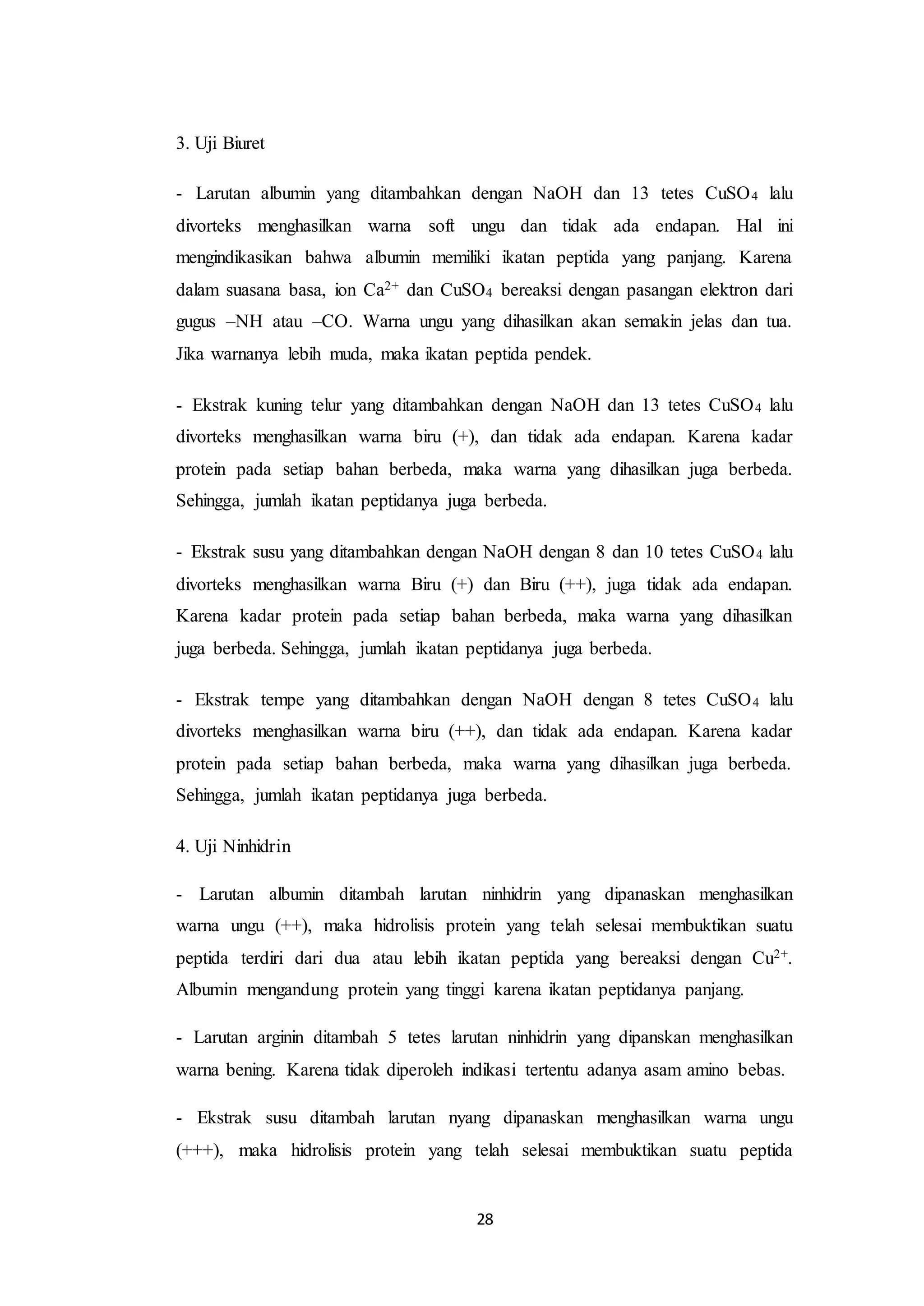 Laporan Biokimia Praktikum Protein: Uji Unsur-Unsur Protein, Uji ...