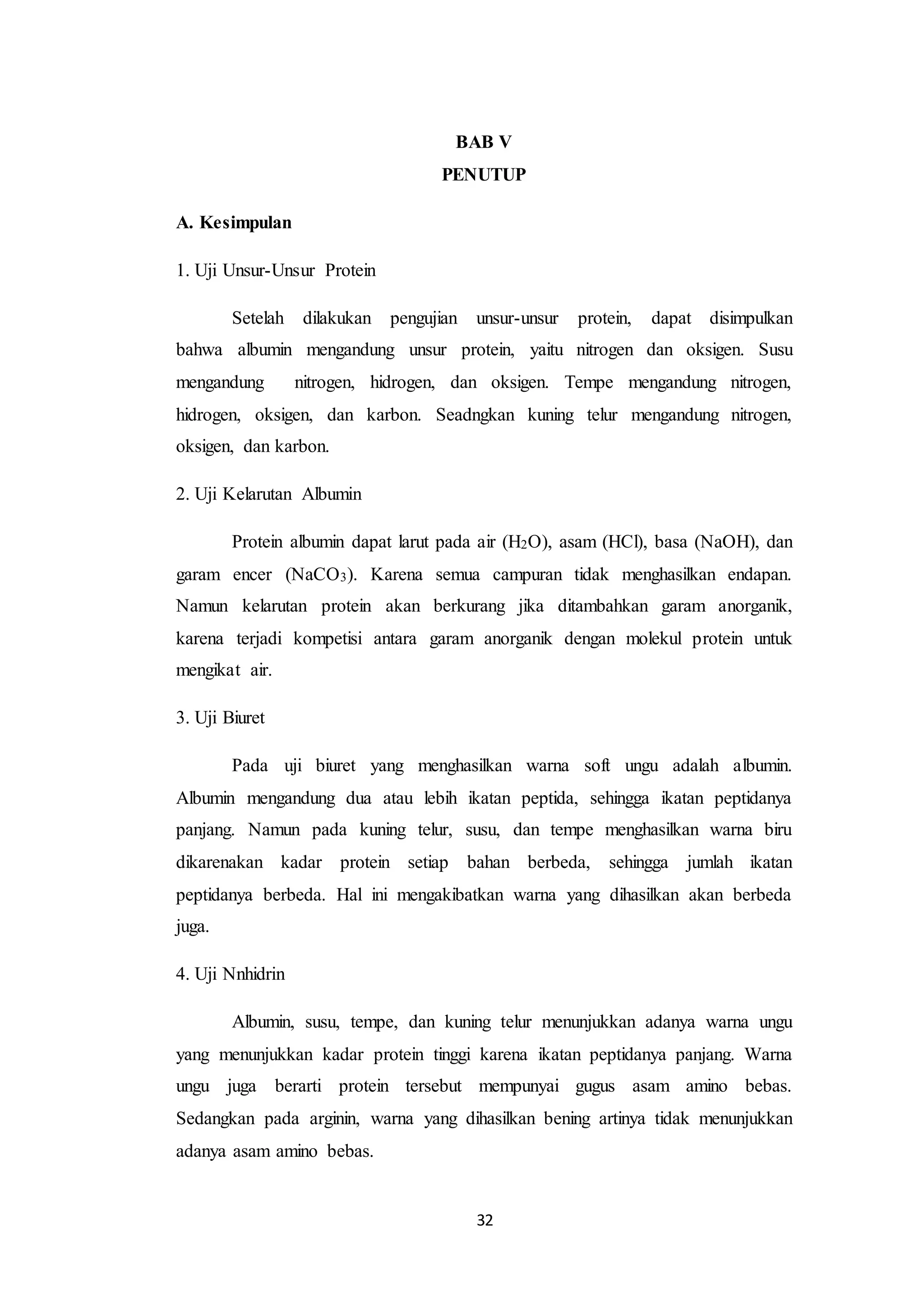 Laporan Biokimia Praktikum Protein: Uji Unsur-Unsur Protein, Uji ...