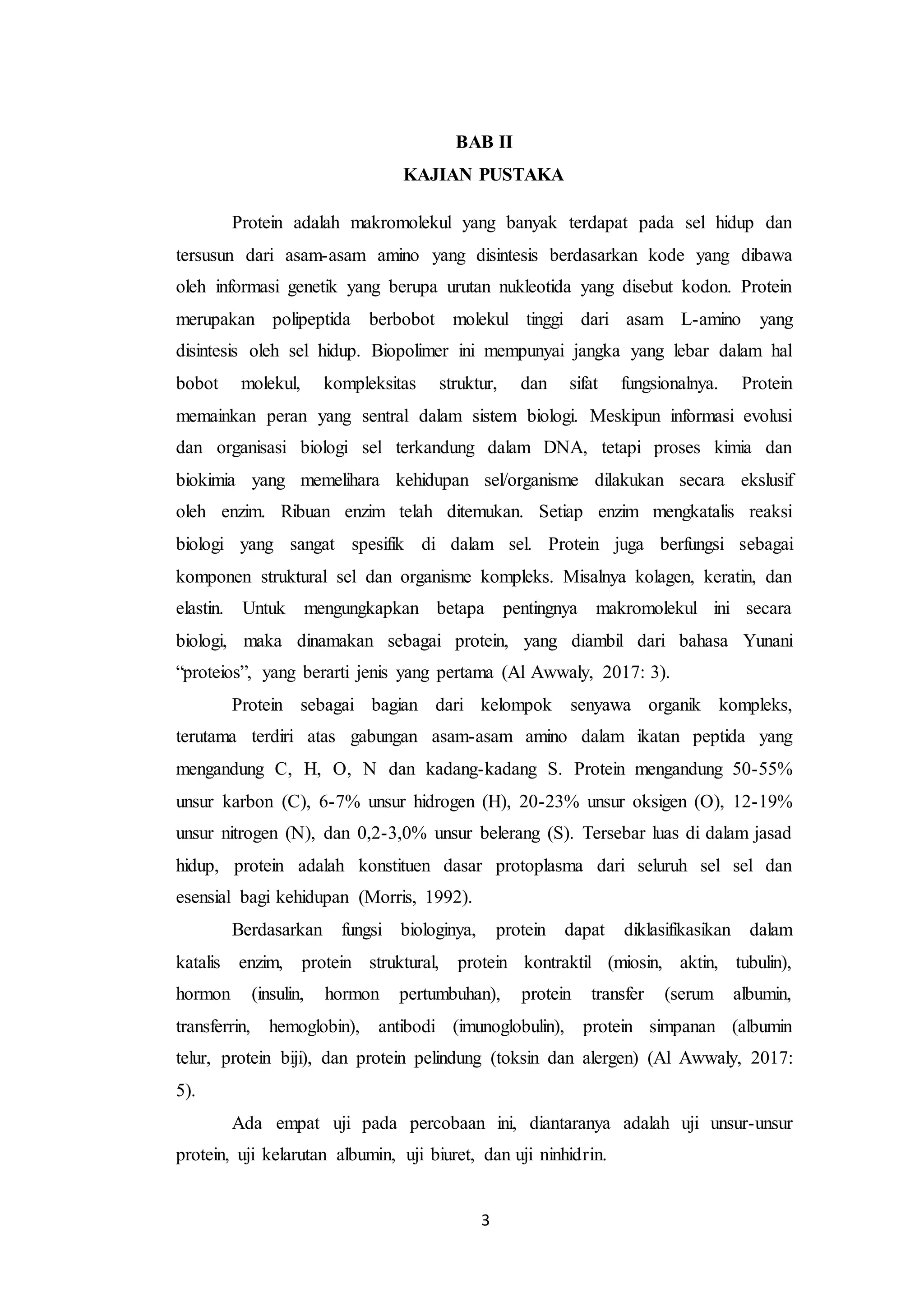 Laporan Biokimia Praktikum Protein: Uji Unsur-Unsur Protein, Uji ...