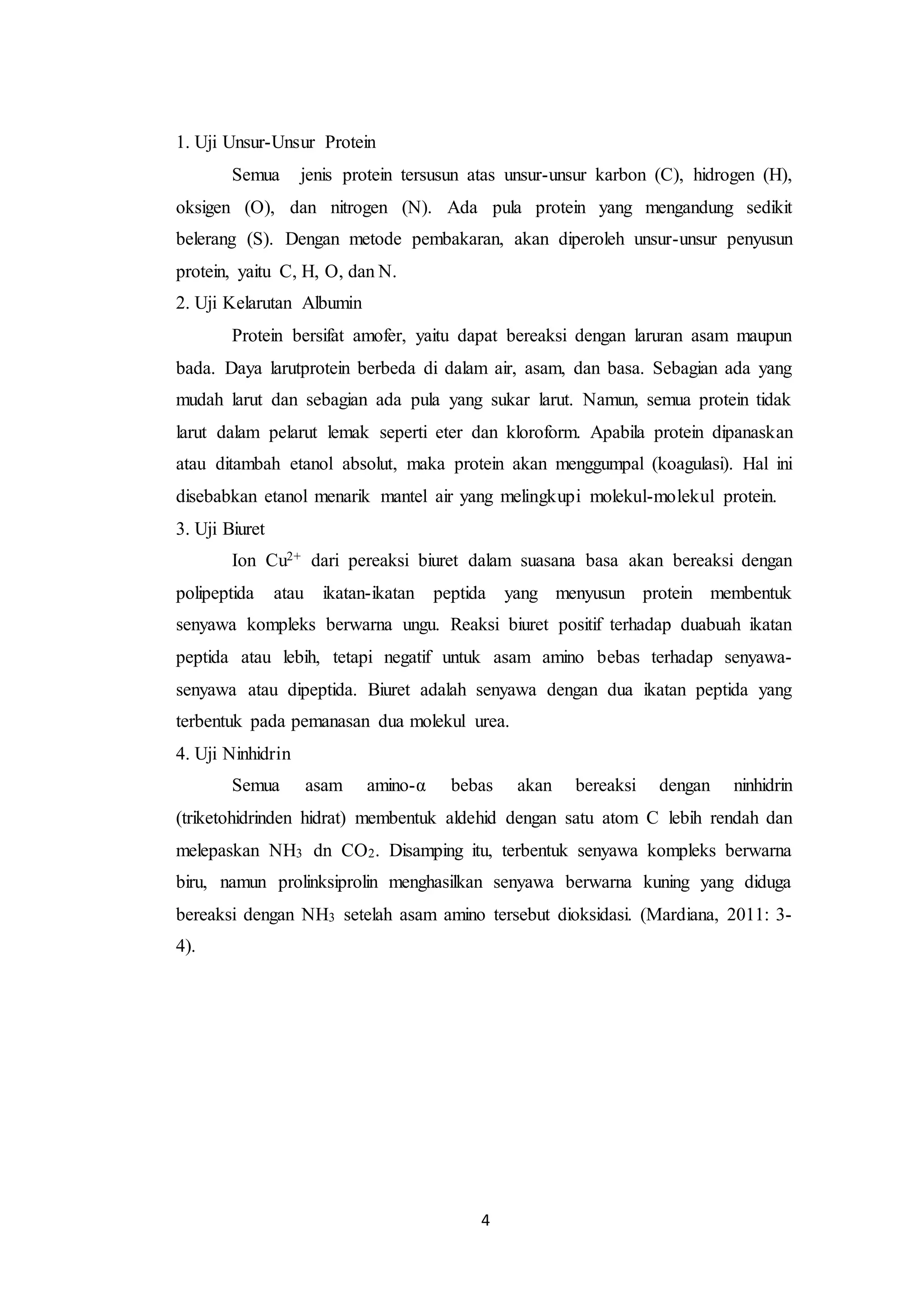 Laporan Biokimia Praktikum Protein: Uji Unsur-Unsur Protein, Uji ...