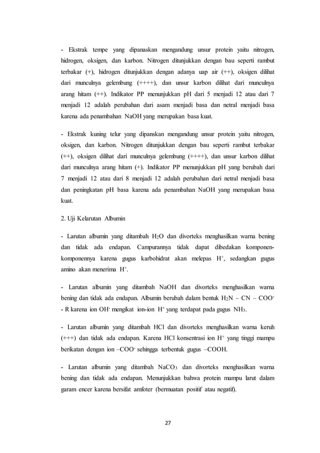 Laporan Biokimia Praktikum Protein: Uji Unsur-Unsur Protein, Uji ...