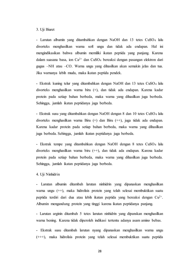 Laporan Biokimia Praktikum Protein: Uji Unsur-Unsur Protein, Uji ...