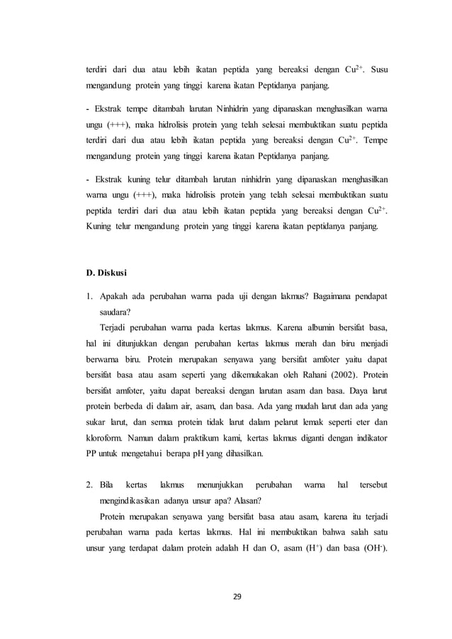 Laporan Biokimia Praktikum Protein: Uji Unsur-Unsur Protein, Uji ...