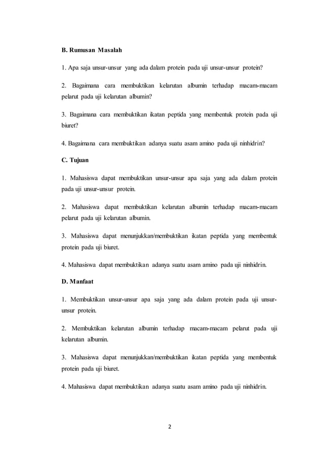 Laporan Biokimia Praktikum Protein: Uji Unsur-Unsur Protein, Uji ...