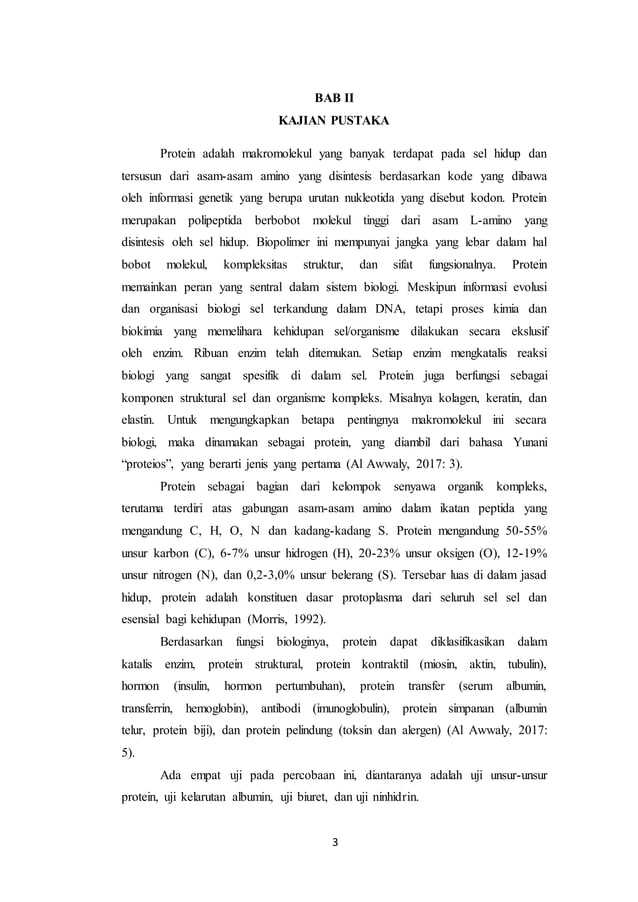 Laporan Biokimia Praktikum Protein: Uji Unsur-Unsur Protein, Uji ...