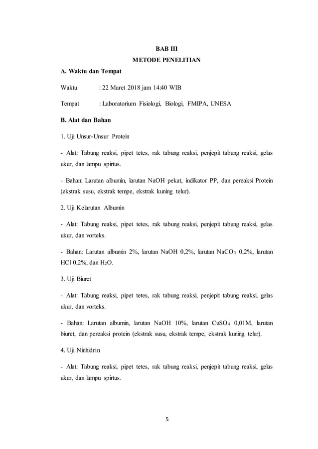 Laporan Biokimia Praktikum Protein: Uji Unsur-Unsur Protein, Uji ...