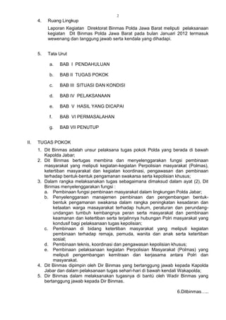 Laporan bulanan jan 2012 dit binmas polda jabar | PDF
