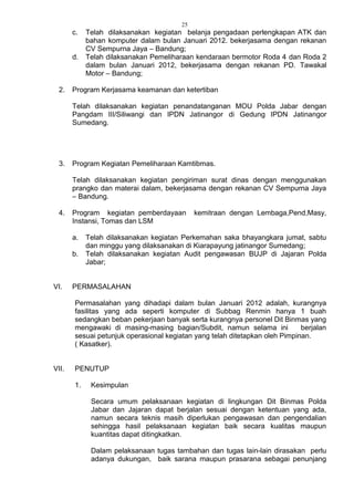 Laporan bulanan jan 2012 dit binmas polda jabar | PDF