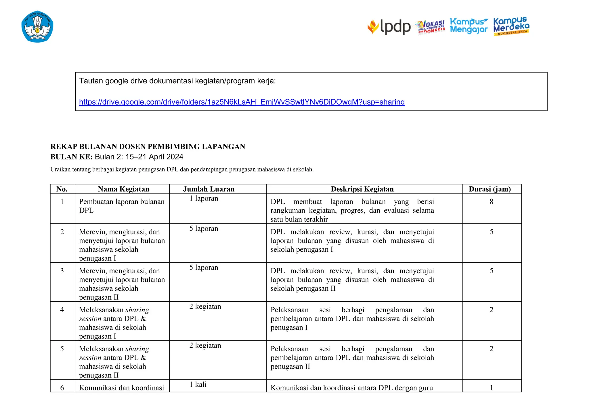 Laporan bulanan Dosen Pembimbing lapangan dalam pelaksanaan kampus mengajar angkatan 7.pdf