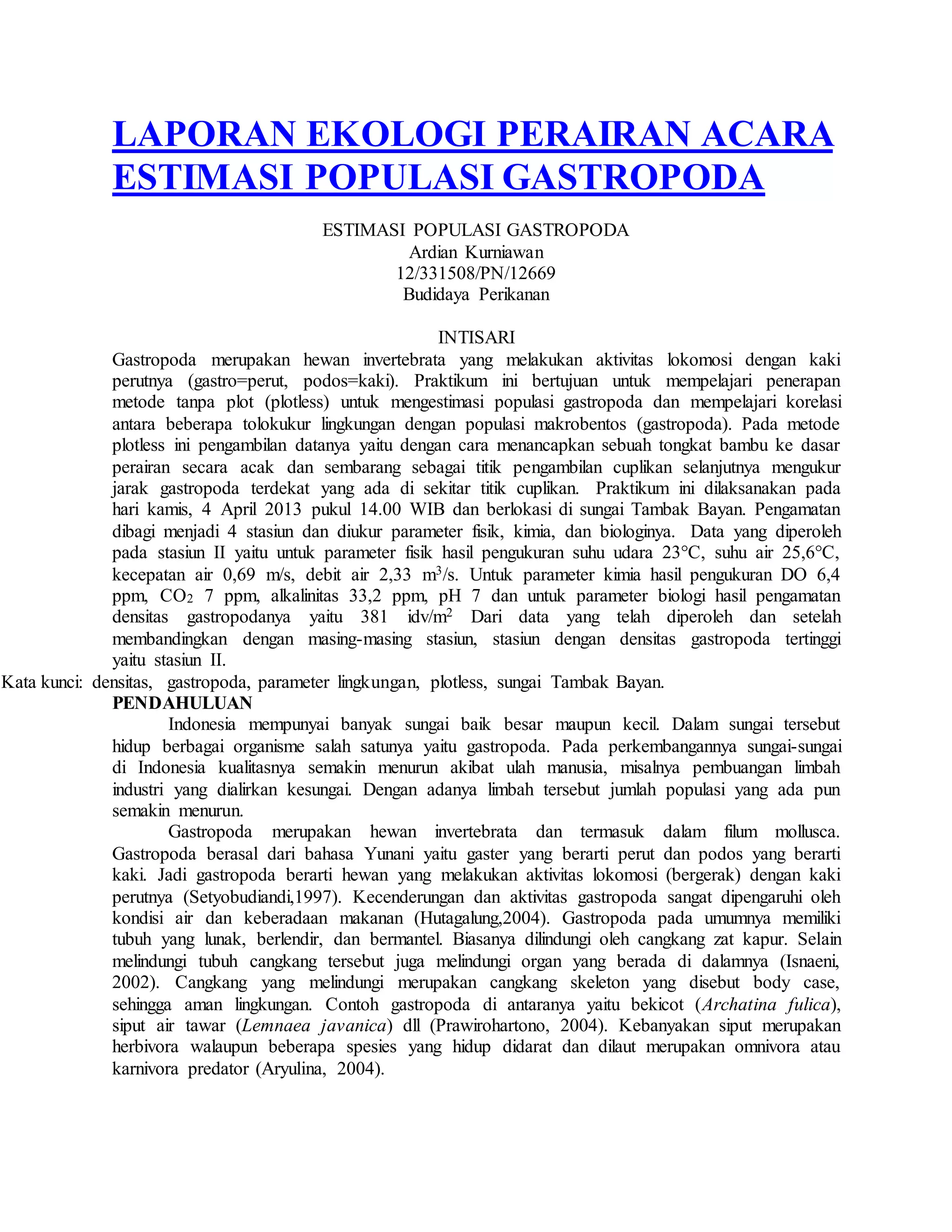 Laporan ekologi perairan acara estimasi populasi gastropoda | DOCX