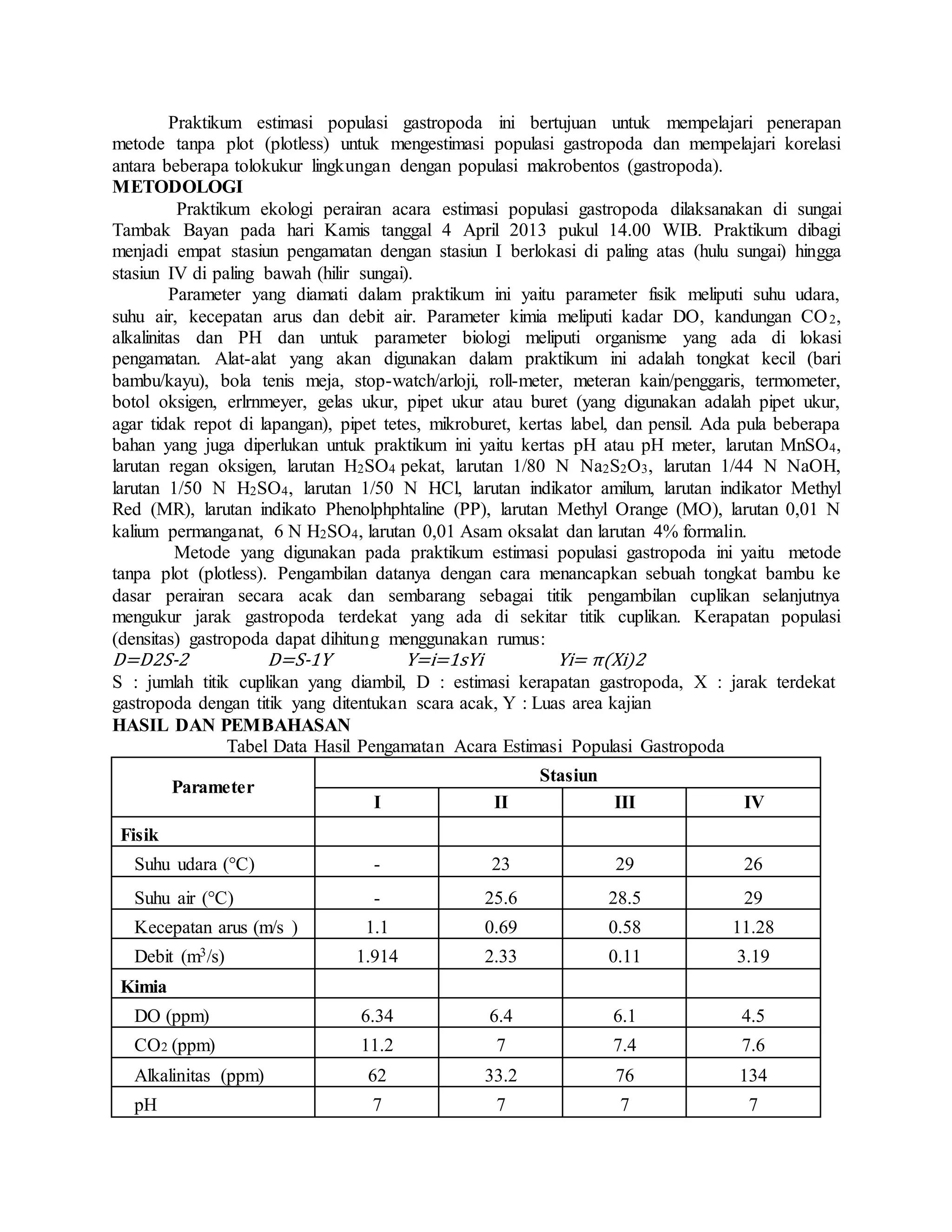 Laporan ekologi perairan acara estimasi populasi gastropoda | DOCX