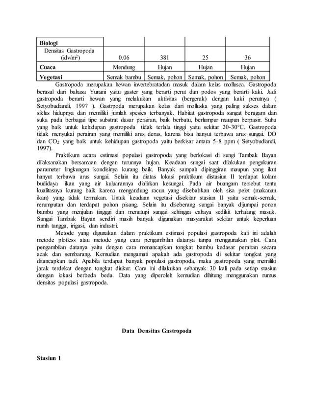 Laporan ekologi perairan acara estimasi populasi gastropoda | DOCX