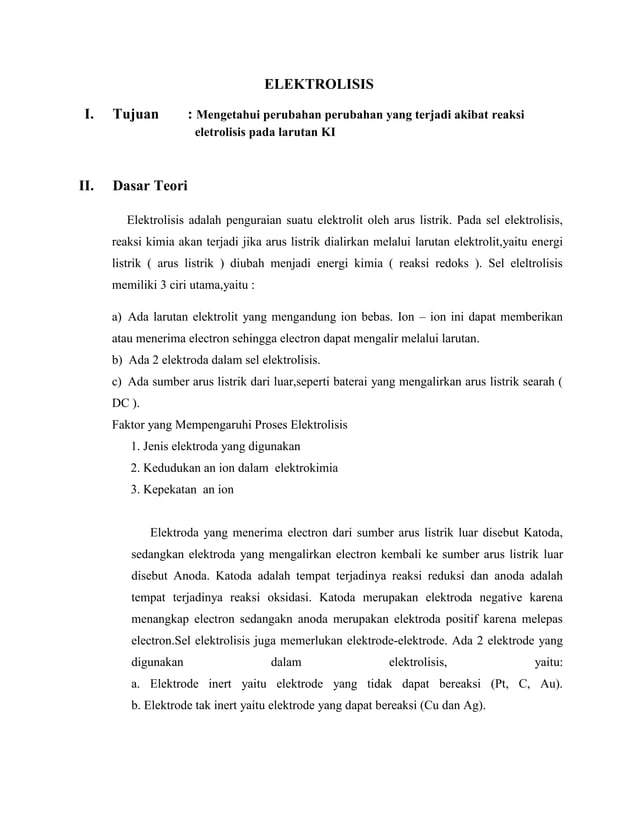 Praktikum Kimia - Laporan Elektrolisis | DOCX
