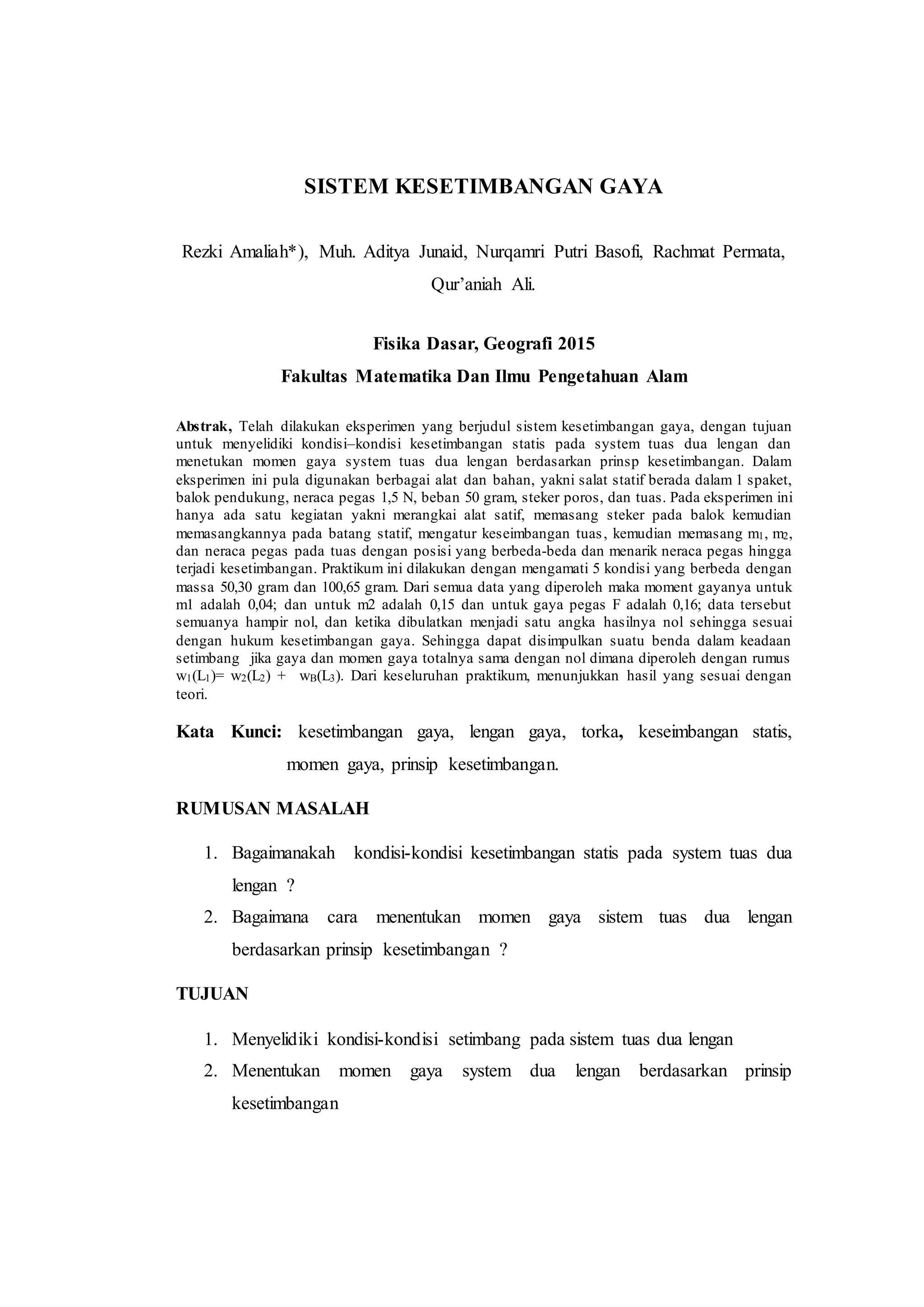 Laporan fisika dasar (sistem kesetimbangan gaya) | DOCX