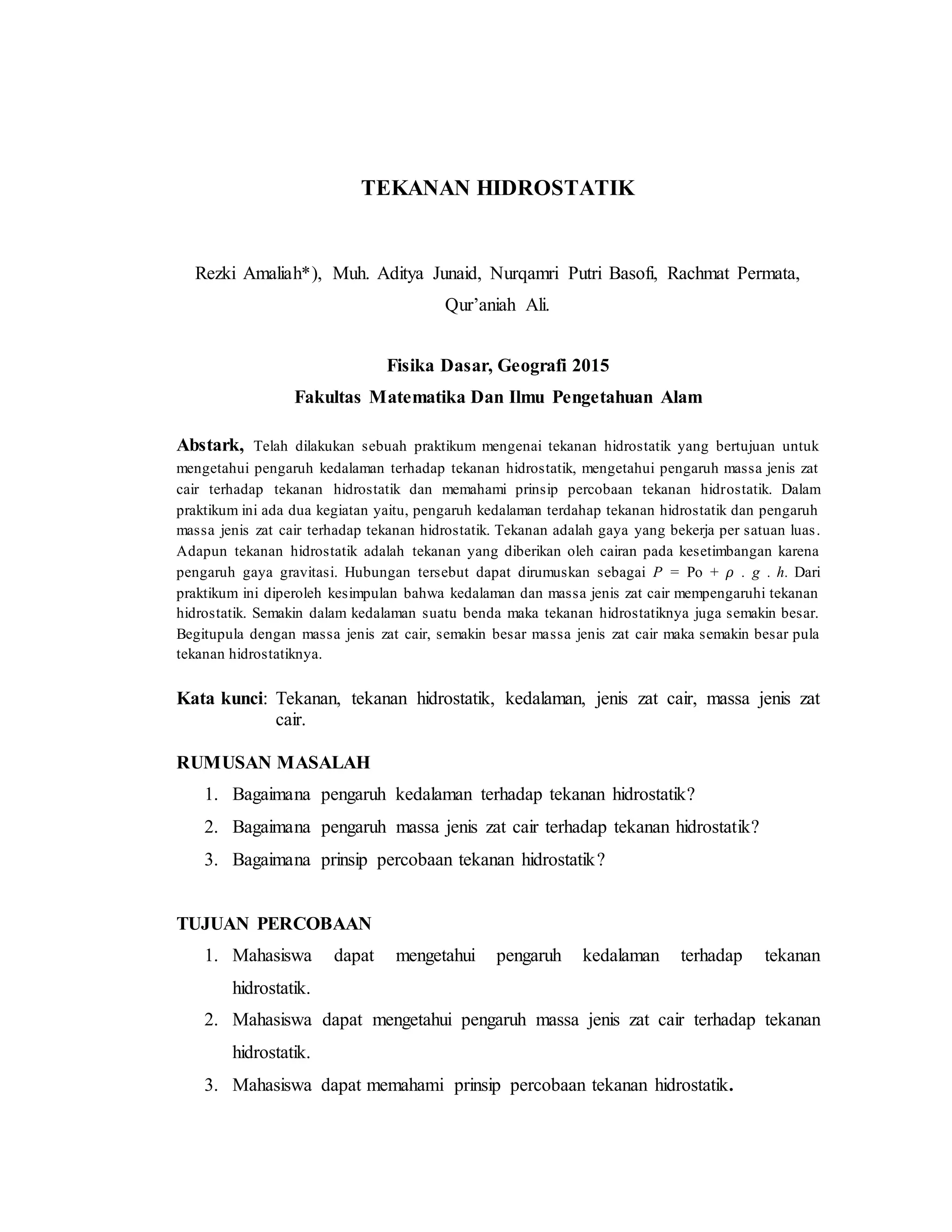 Laporan fisika dasar (tekanan hidrostatik) | PDF