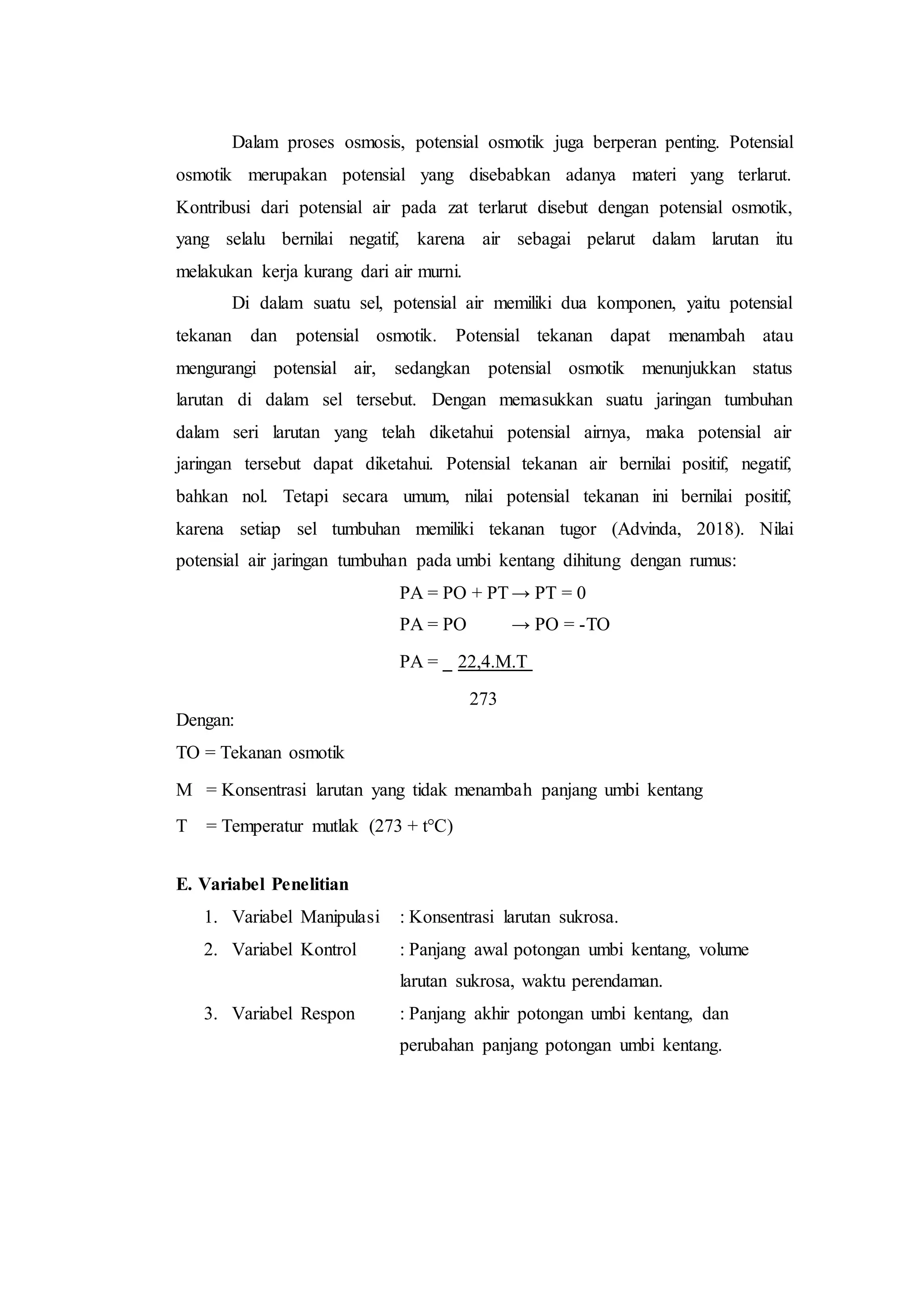 Laporan Fisiologi Tumbuhan II Difusi dan Osmosis (Penentuan Potensial ...