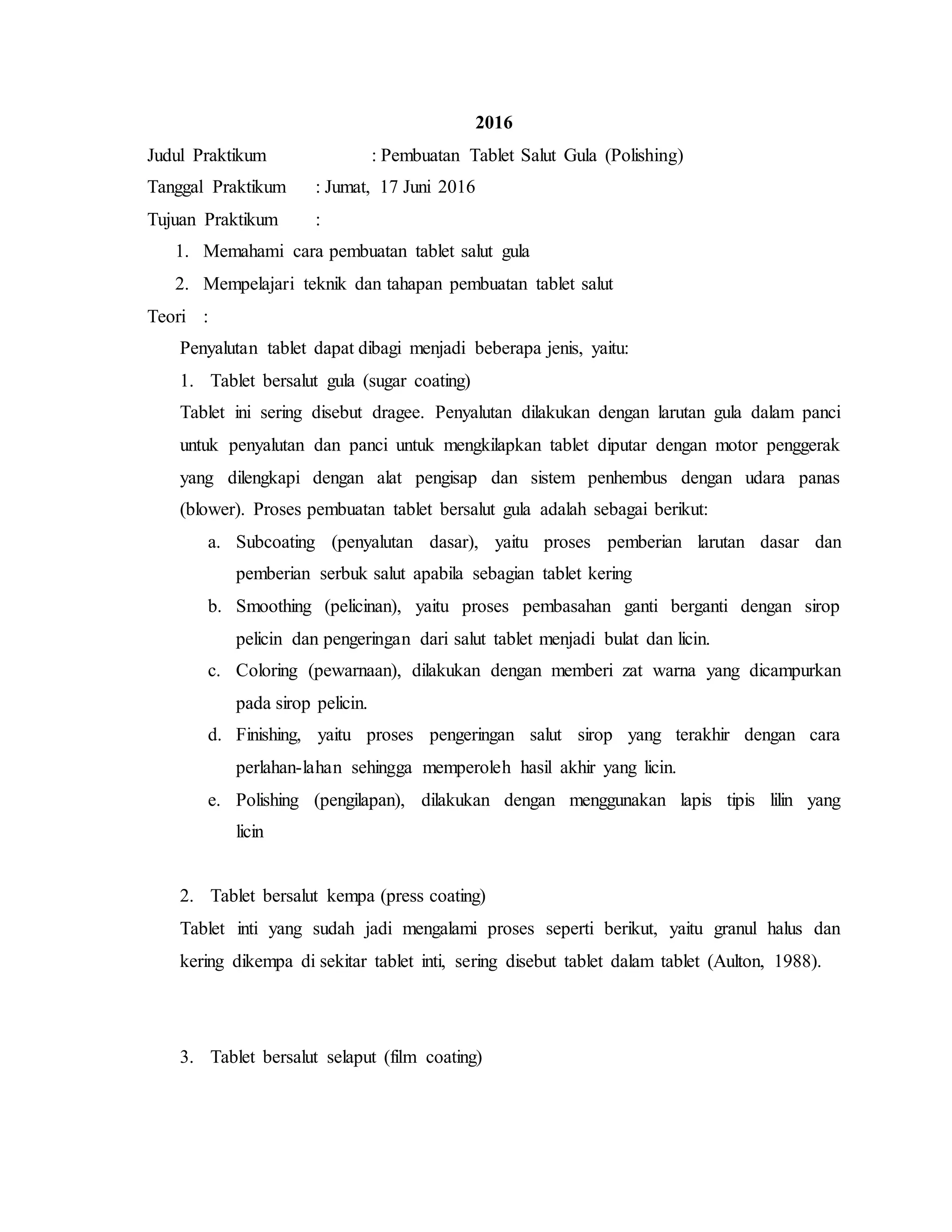 Laporan formulasi tablet pembuatan tablet salut gula | DOCX