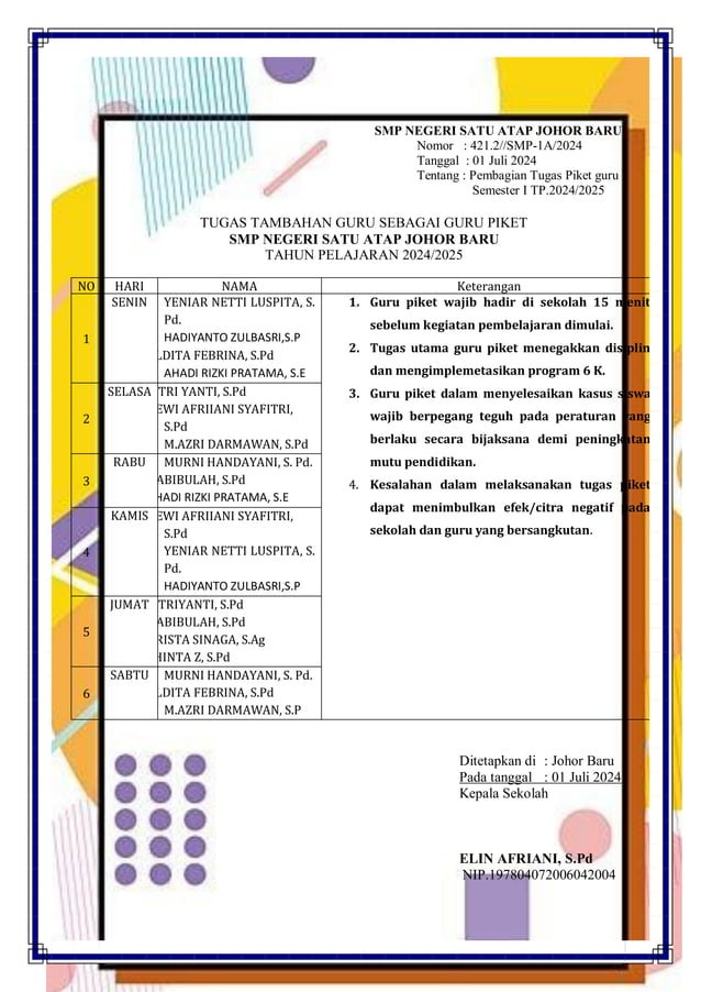 CONTOH LAPORAN GURU PIKET SMP PERIODE JULI-DESEMBER | PDF