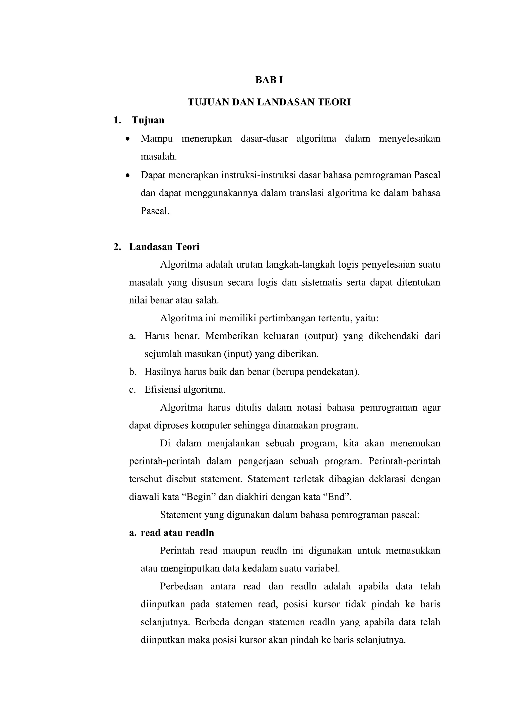 Laporan hasil praktikum Alpro I Modul 1 (Pengenalan Pascal) | DOCX