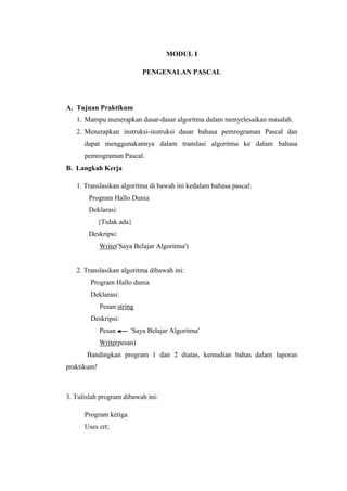 Laporan hasil praktikum Alpro I Modul 1 (Pengenalan Pascal) | DOCX