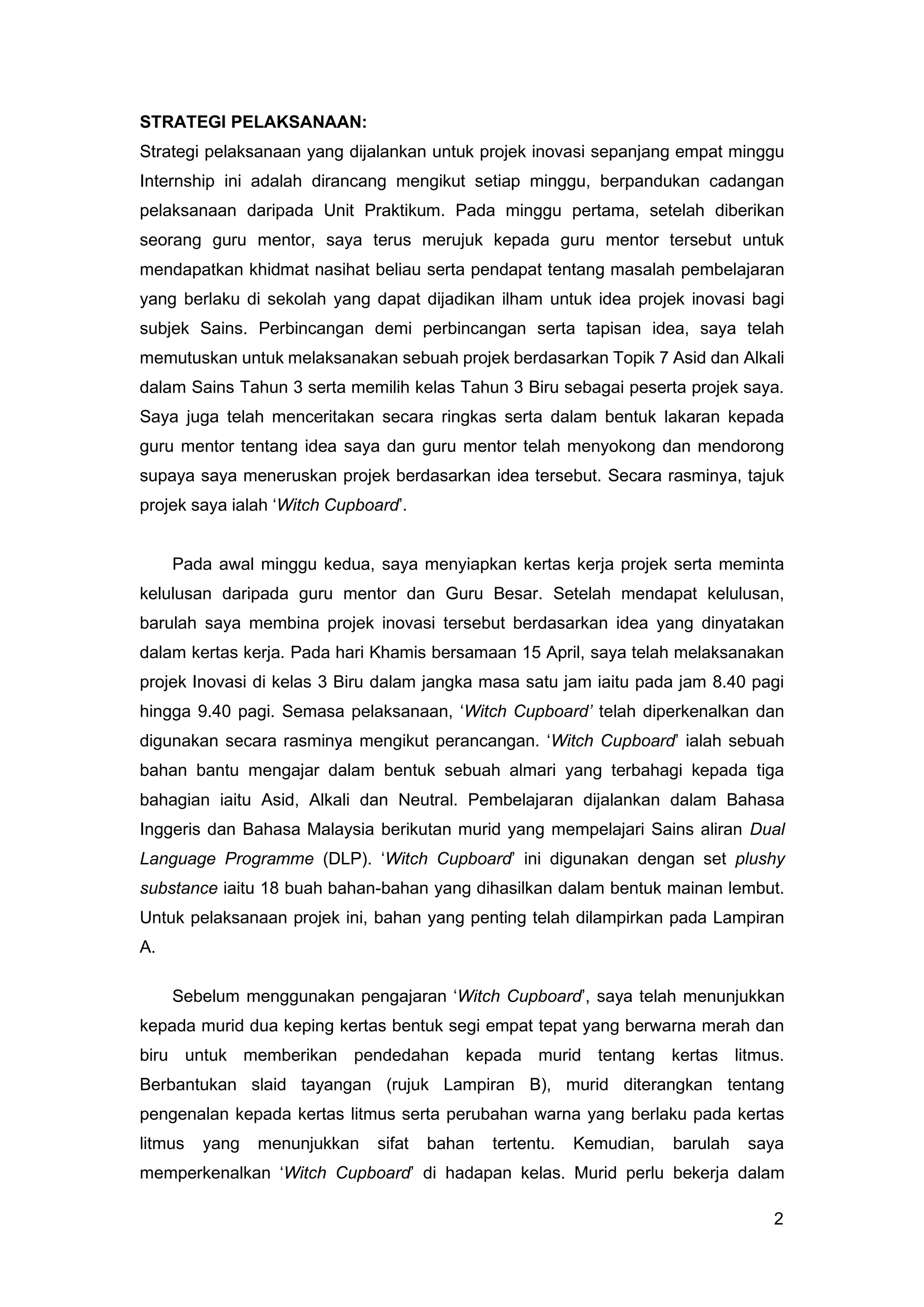 Laporan Pelaksanaan Internship: Witch Cupboard (Asid & Alkali) | PDF