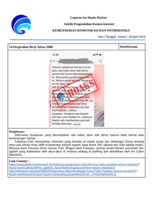 Laporan isu hoaks harian subdit pengendalian konten internet tanggal 18 april 2019 | PDF