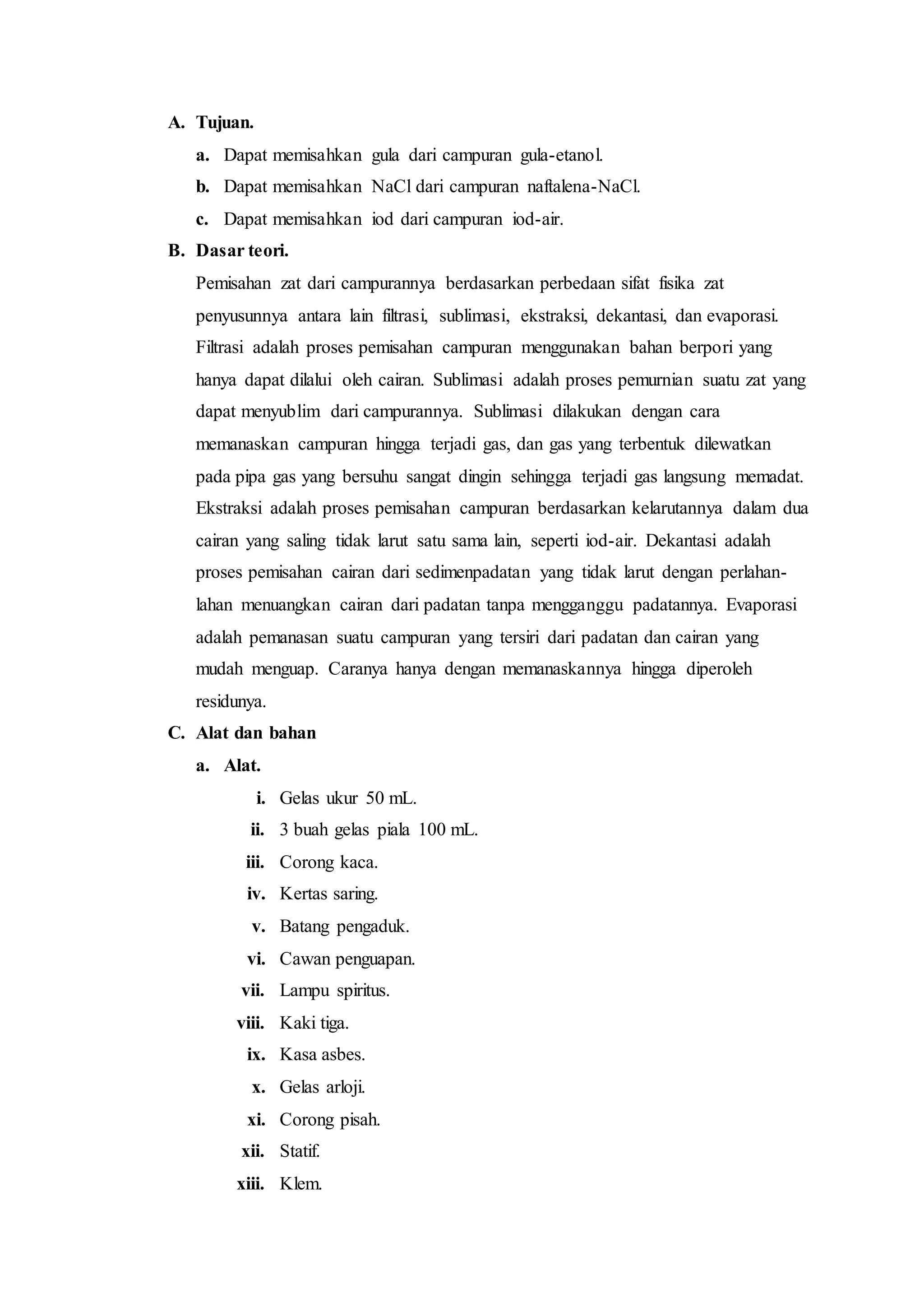 Pemisahan Campuran Berdasarkan Perbedaan Sifat Fisika Komponen ...