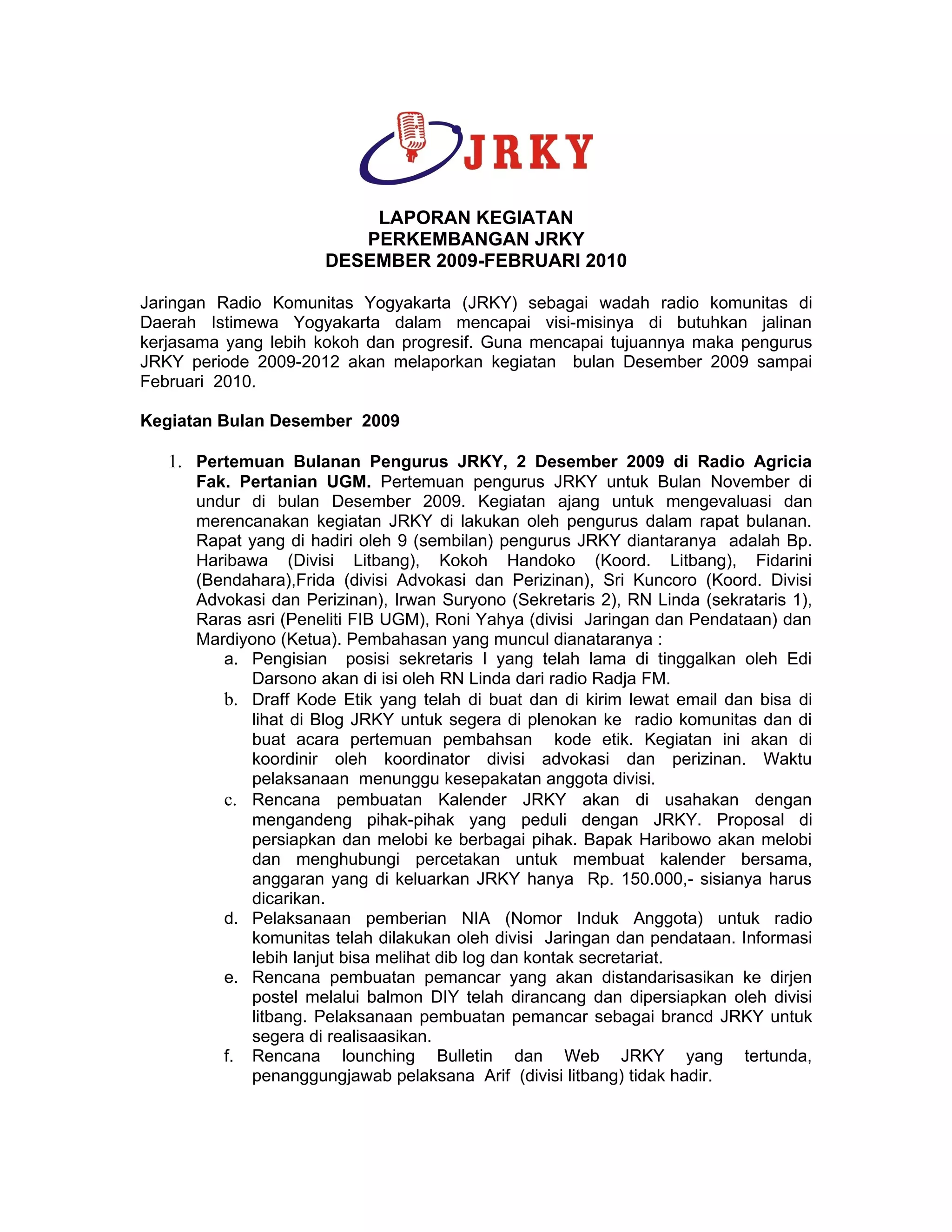 Laporan kegiatan jrky triwulan IV | DOC