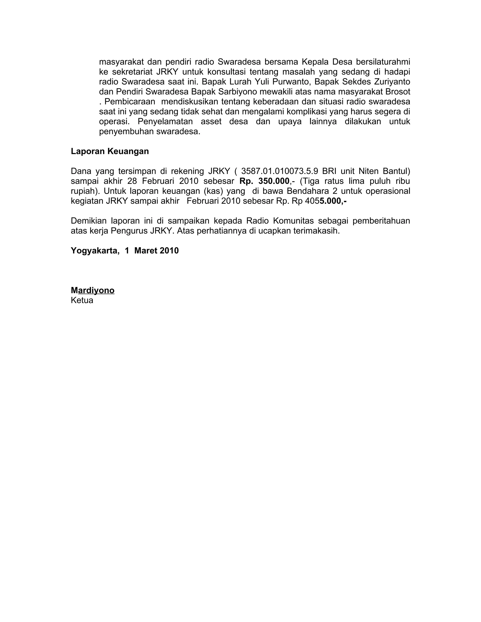 Laporan kegiatan jrky triwulan IV | DOC