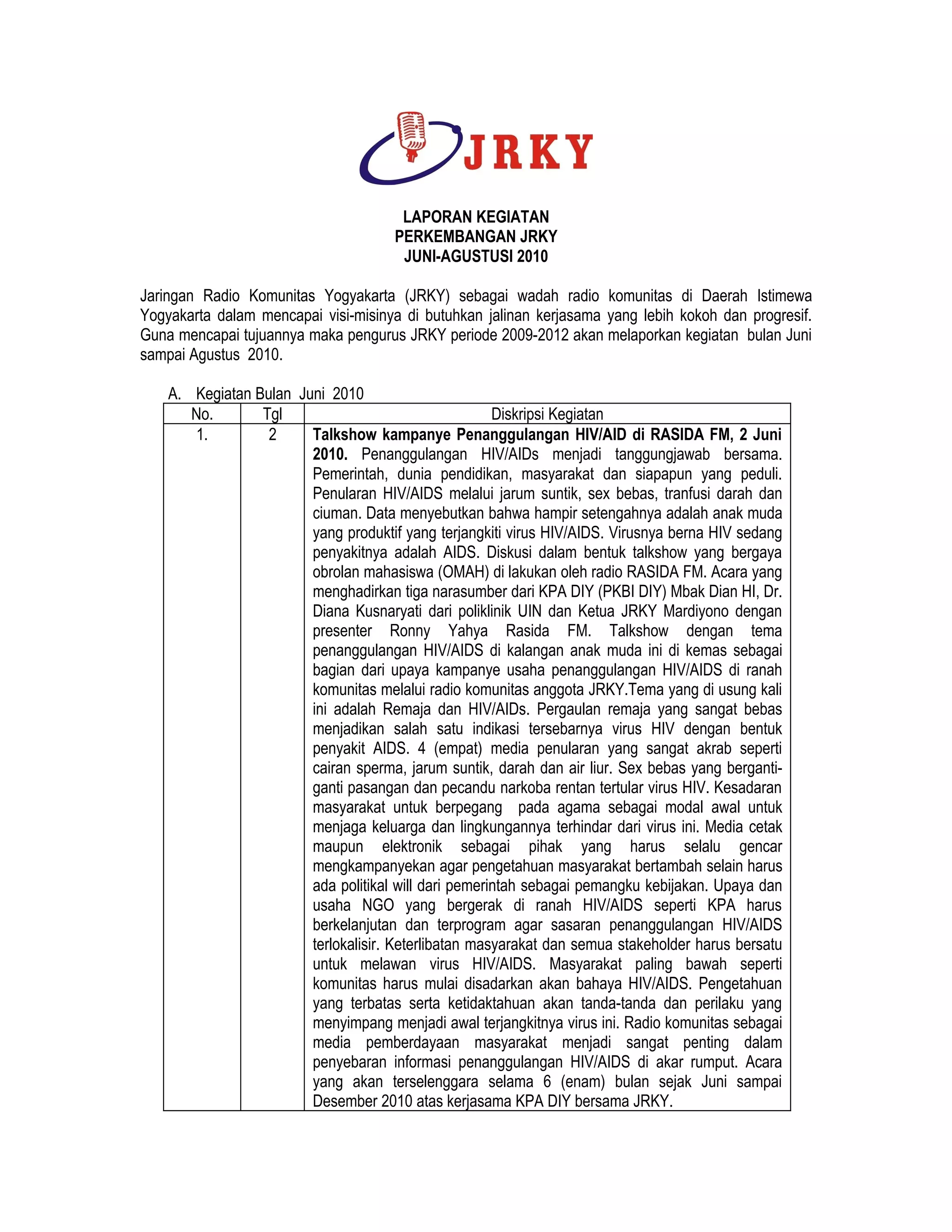 Laporan kegiatan jrky triwulan VI | PDF