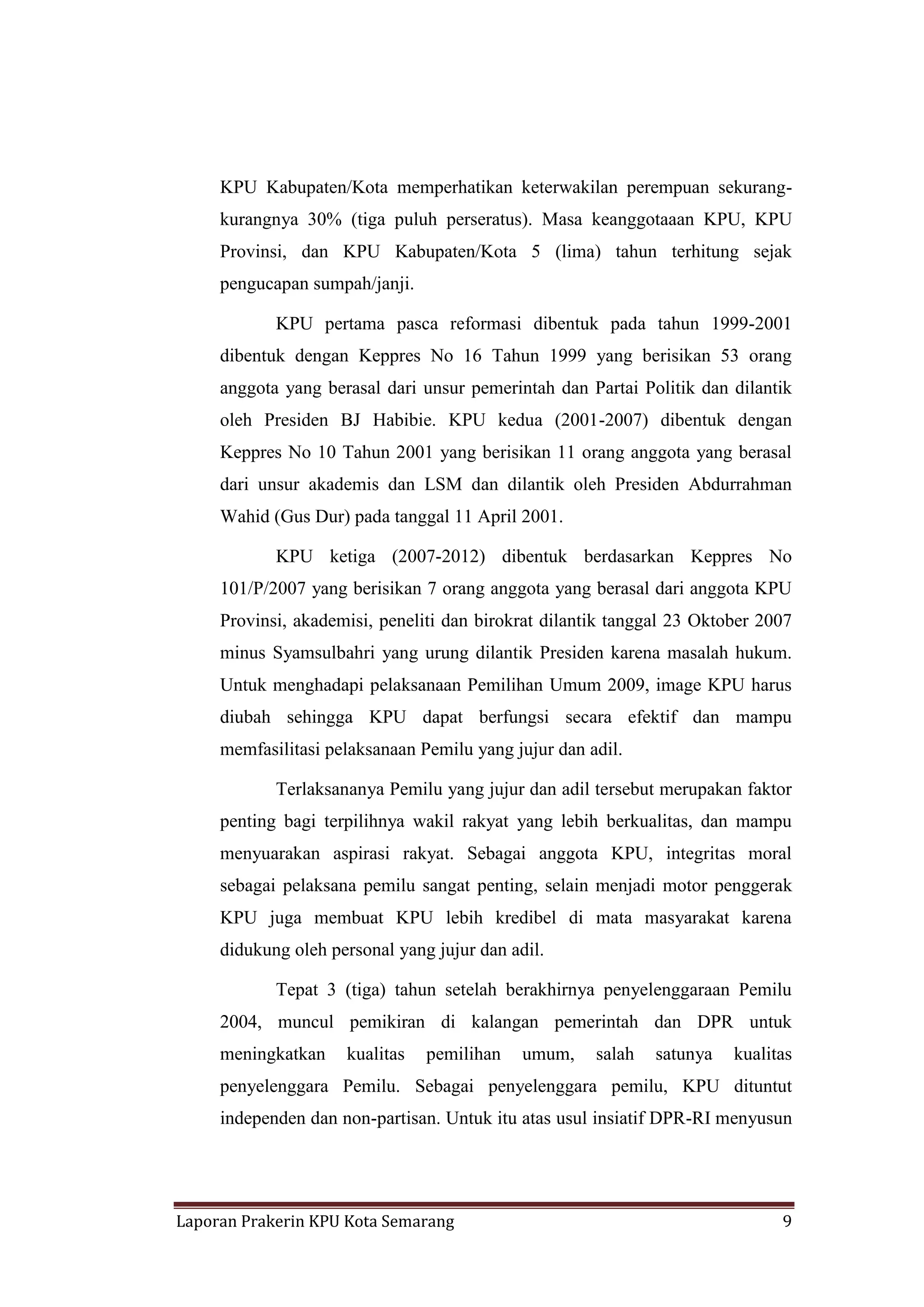 Laporan Kegiatan Praktik Kerja Industri di KPU Kota Semarang | DOCX