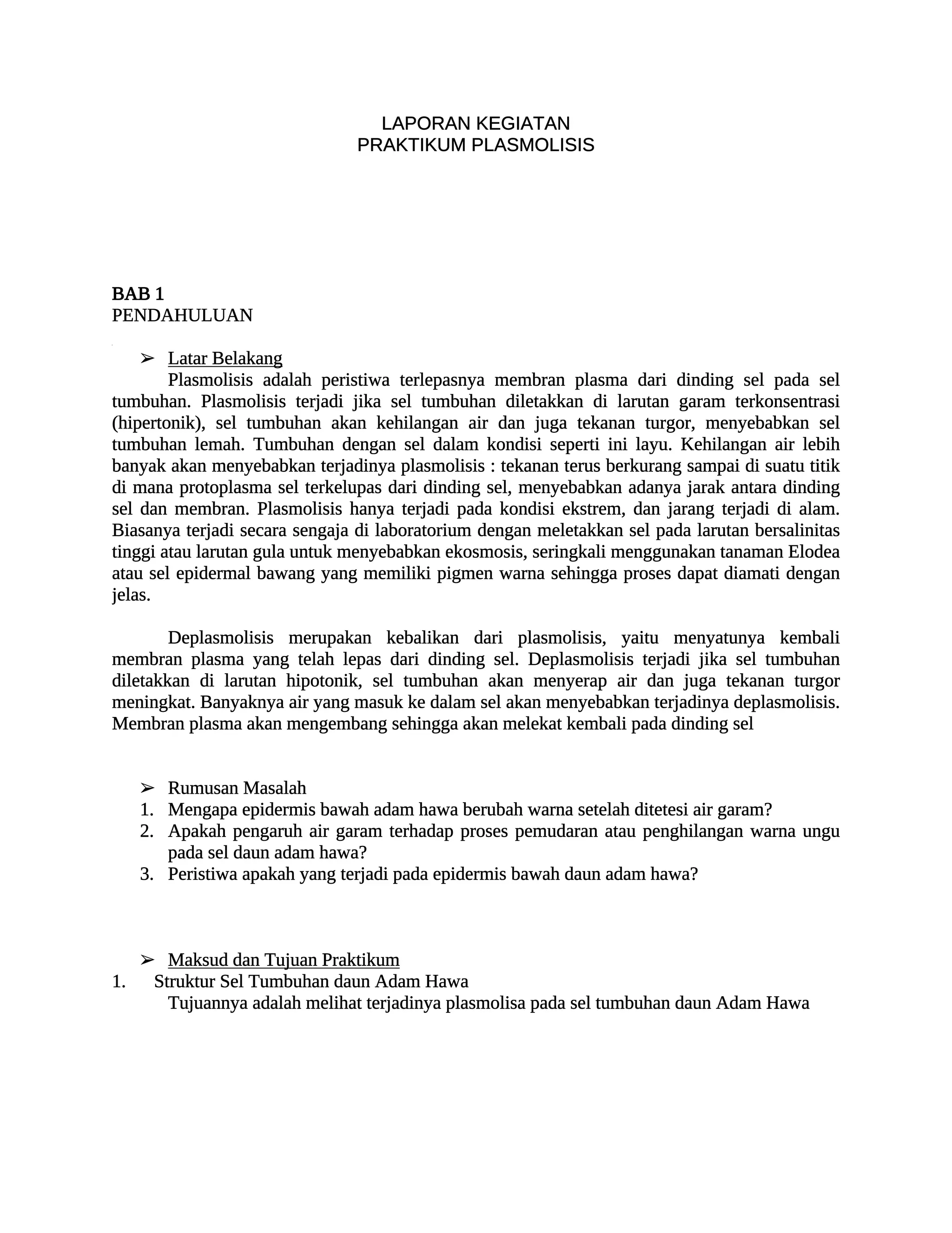 Laporan kegiatan praktikum_plasmolisis | PDF
