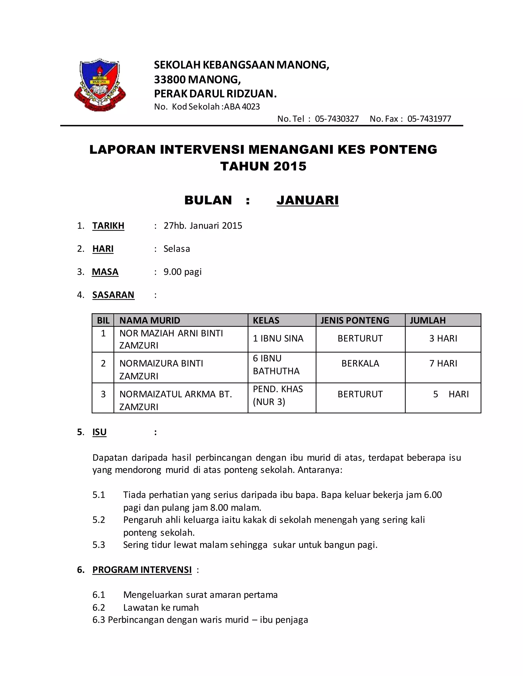 Laporan kes ponteng 2015 | DOCX