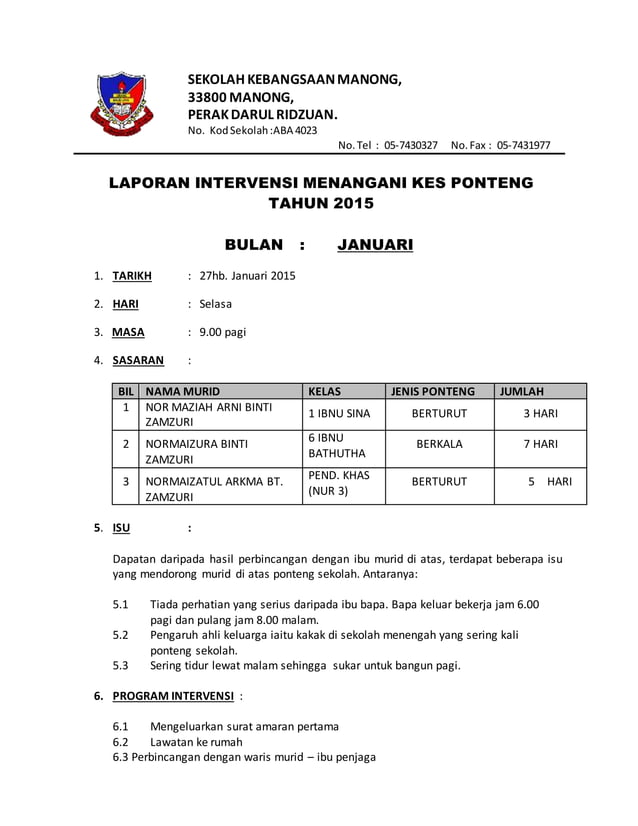 Laporan kes ponteng 2015 | DOCX