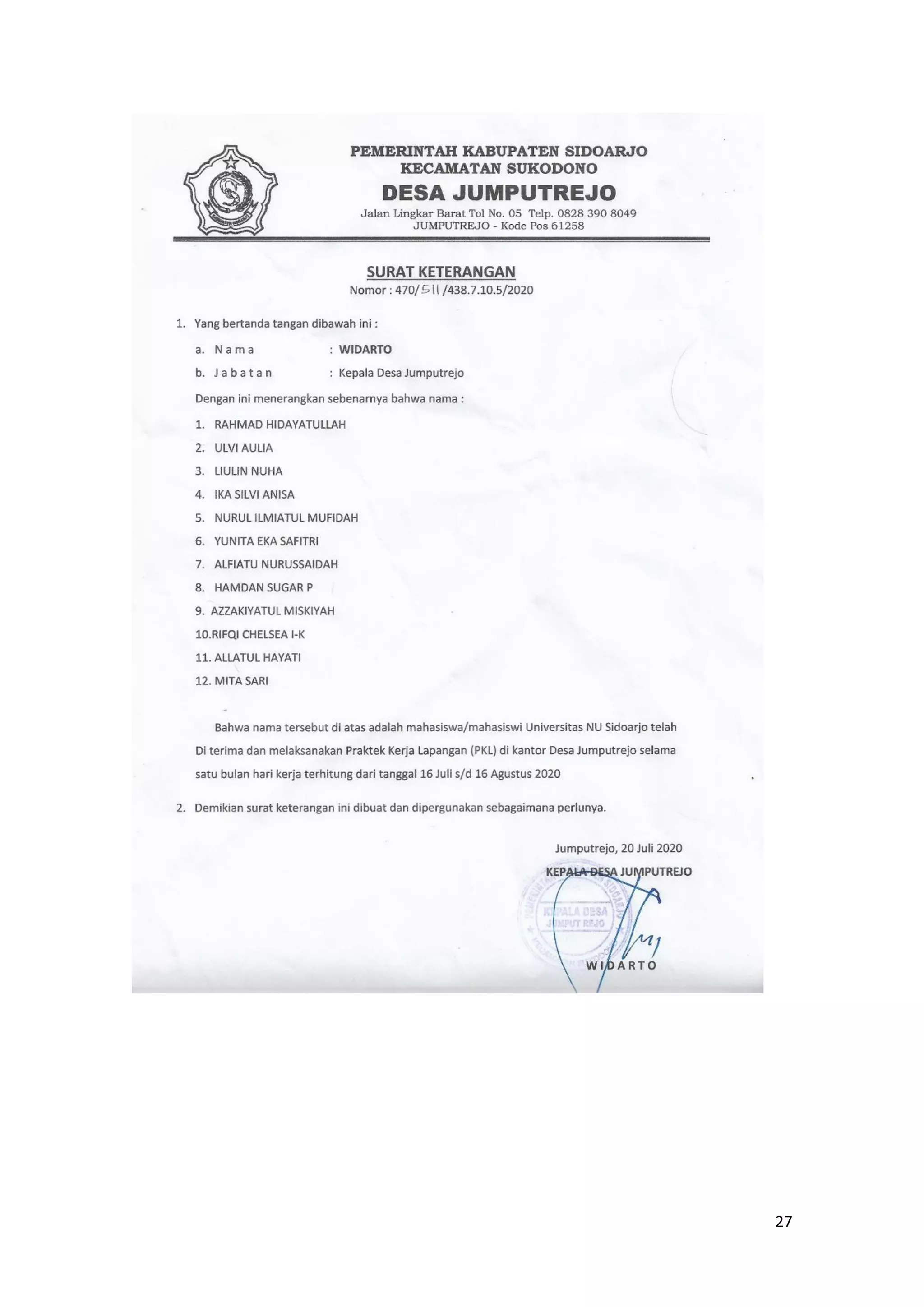 Laporan kkn 2020 rahmad hidayatullah prodi pbi 17 | PDF