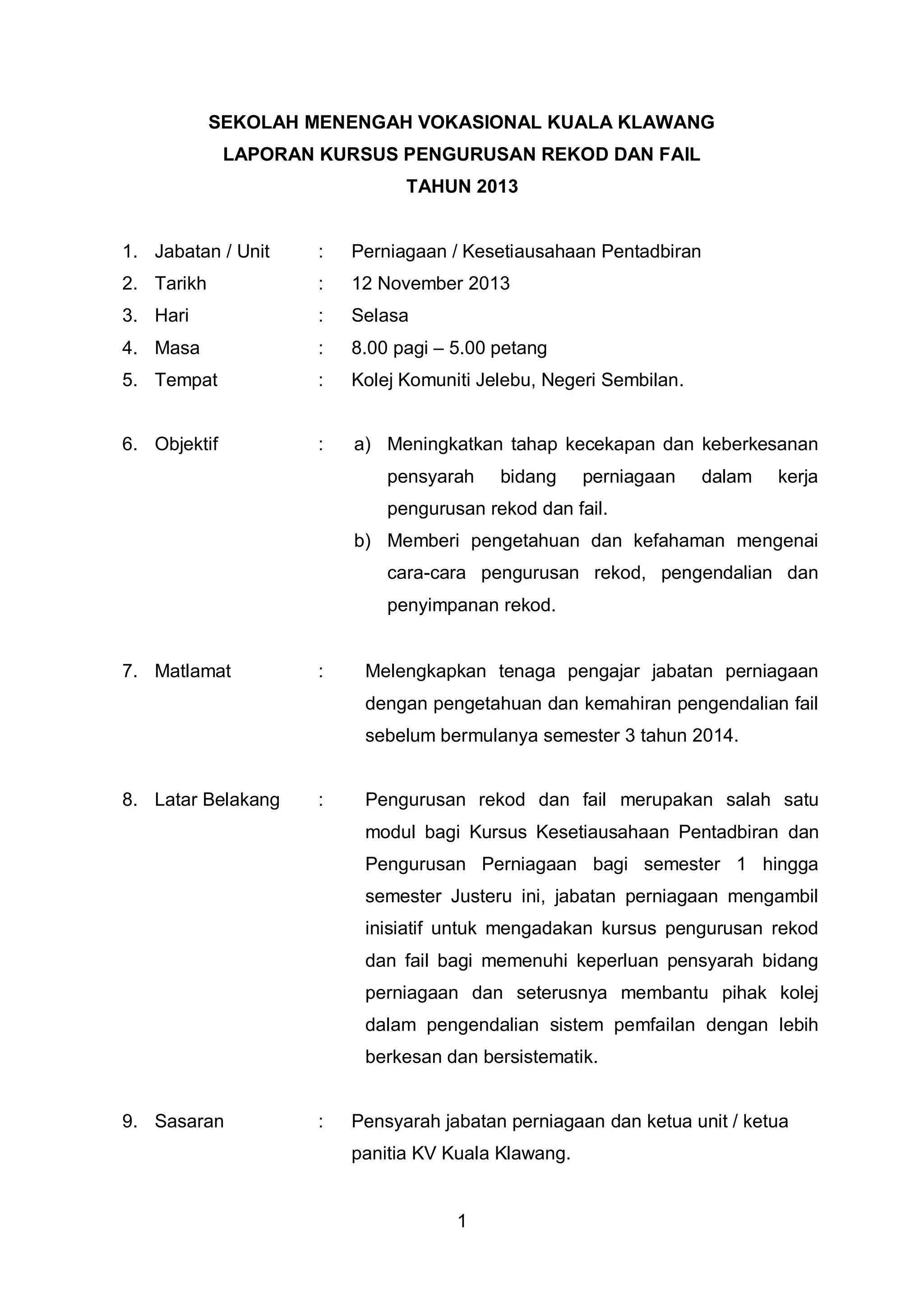 Laporan Kursus Pengurusan Fail dan Rekod | PDF
