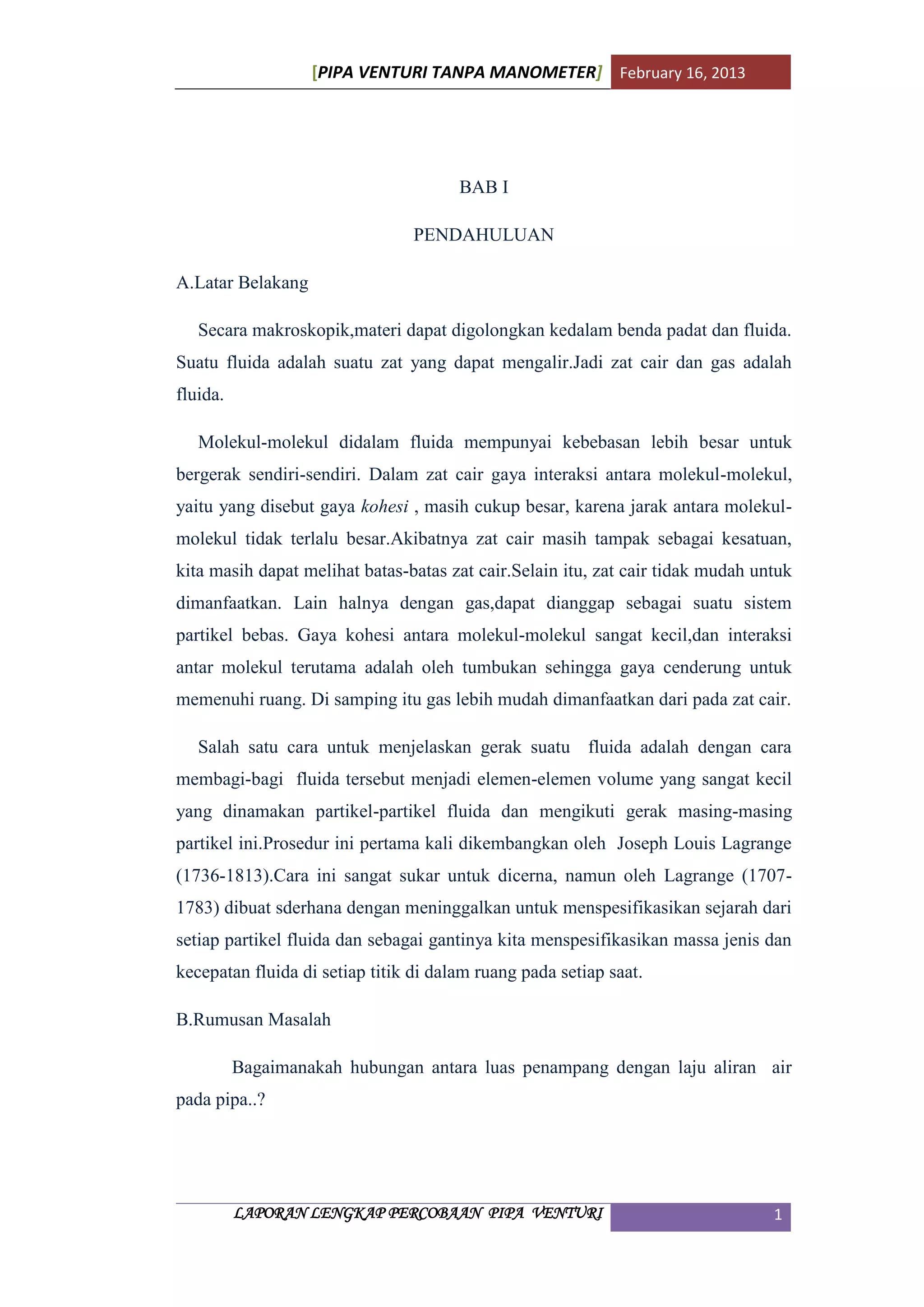 Laporan lengkap percobaan; pipa venturi. | PDF