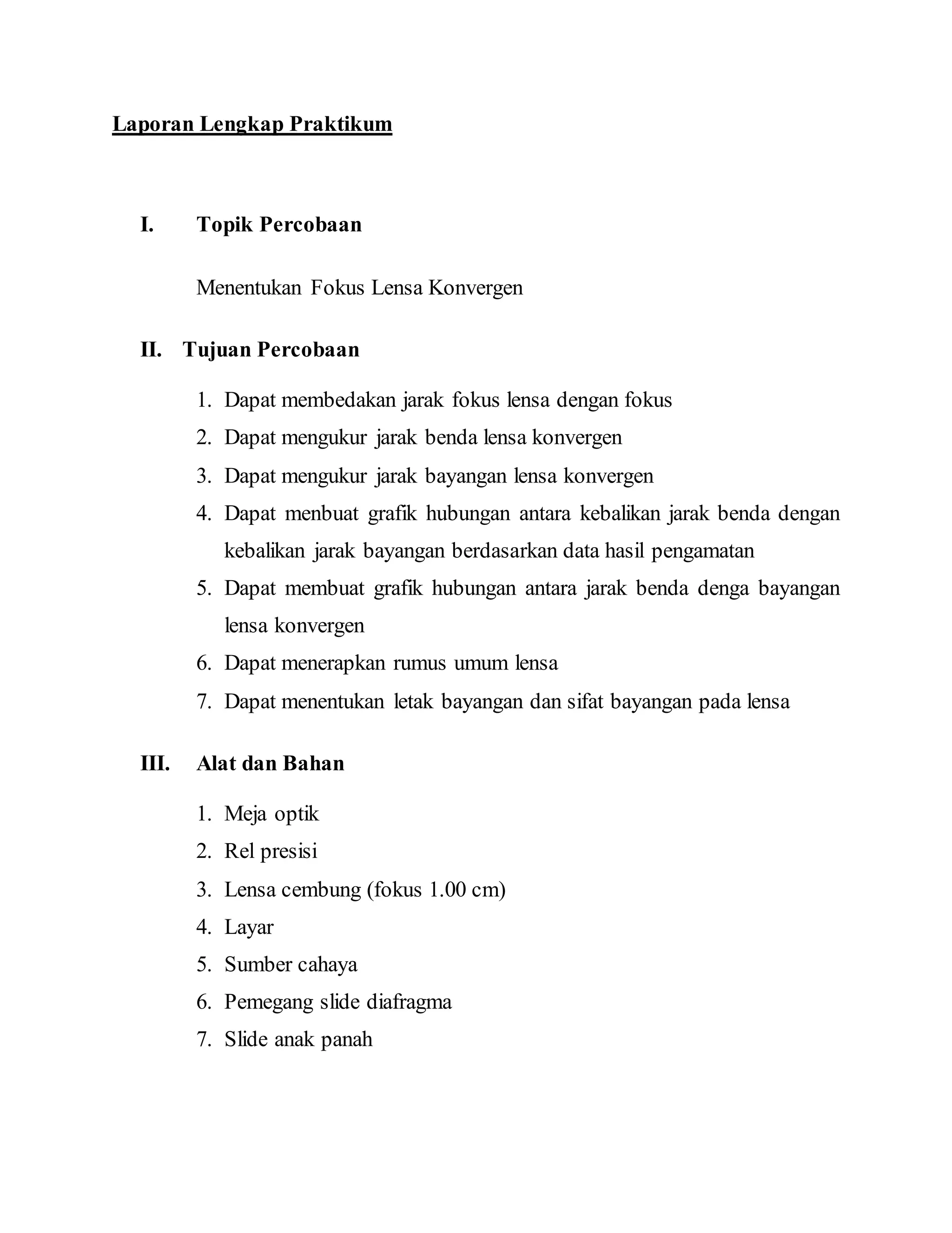 Laporan lengkap praktikum fokus lensa konvergen | DOCX