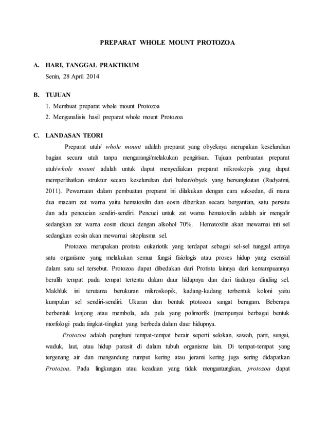 Laporan Mikroteknik Whole Mount (Protozoa) | DOCX