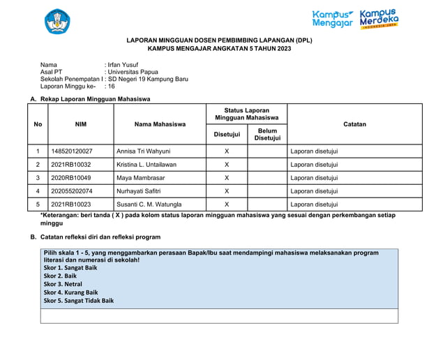 Laporan Dosen Pembimbing Lapangan Kampus Mengajar | PDF