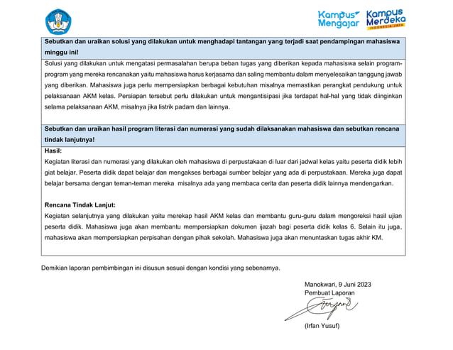 Laporan Dosen Pembimbing Lapangan Kampus Mengajar | PDF