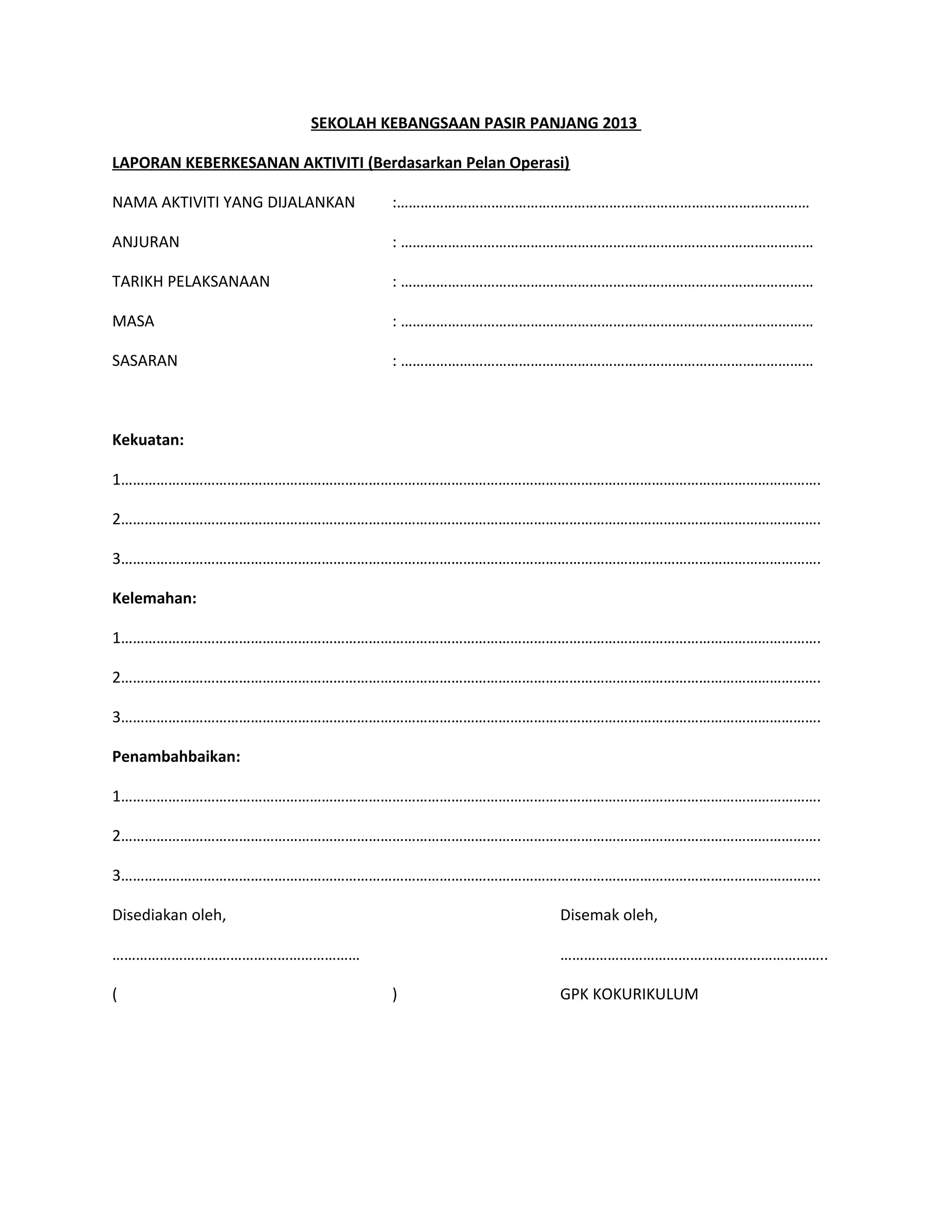 Laporan mingguan kokurikulum | DOC
