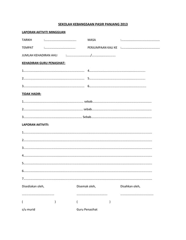 Laporan mingguan kokurikulum | DOC