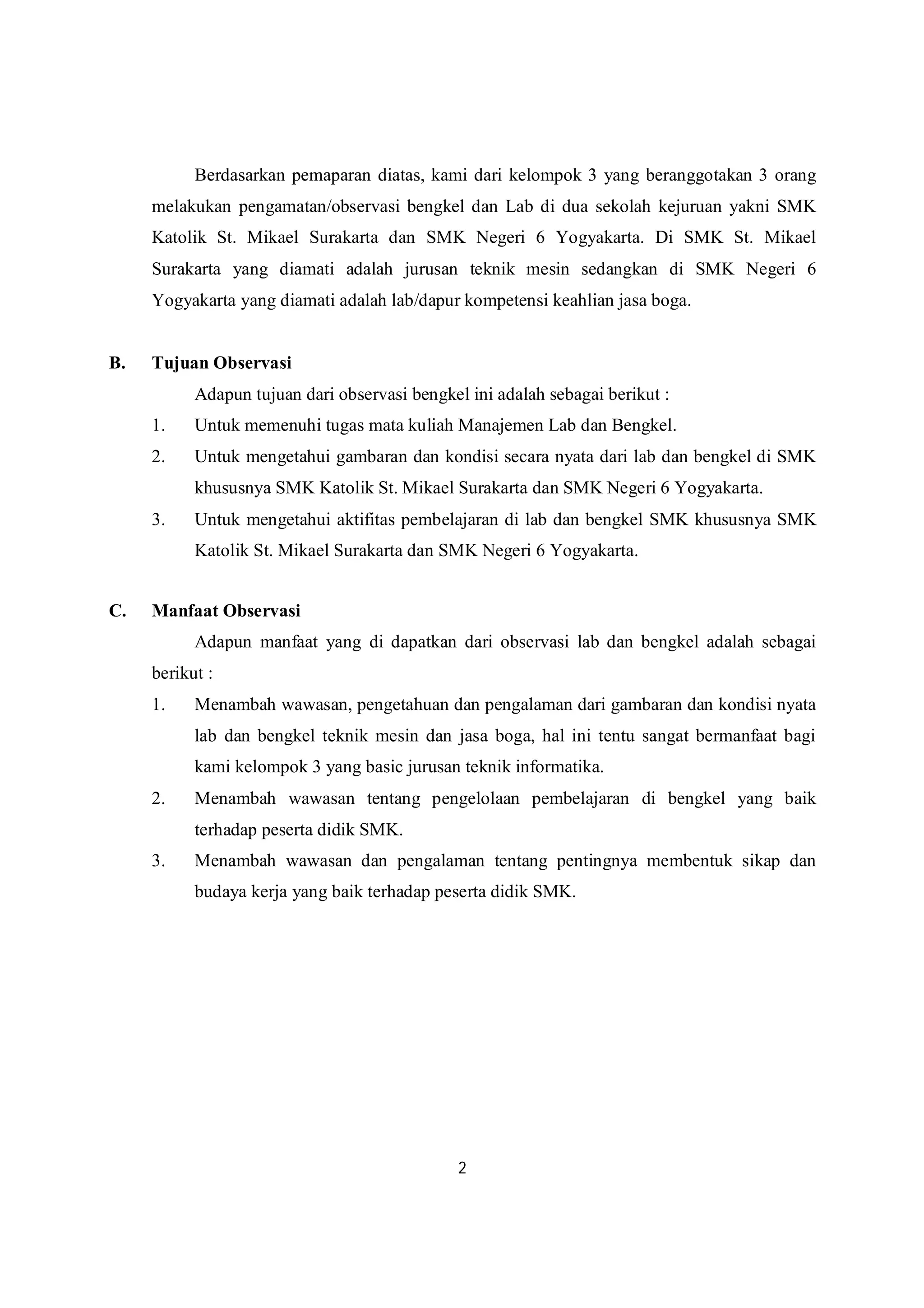 Laporan observasi lab bengkel smk mikael dan smkn 6 yogyakarta | PDF