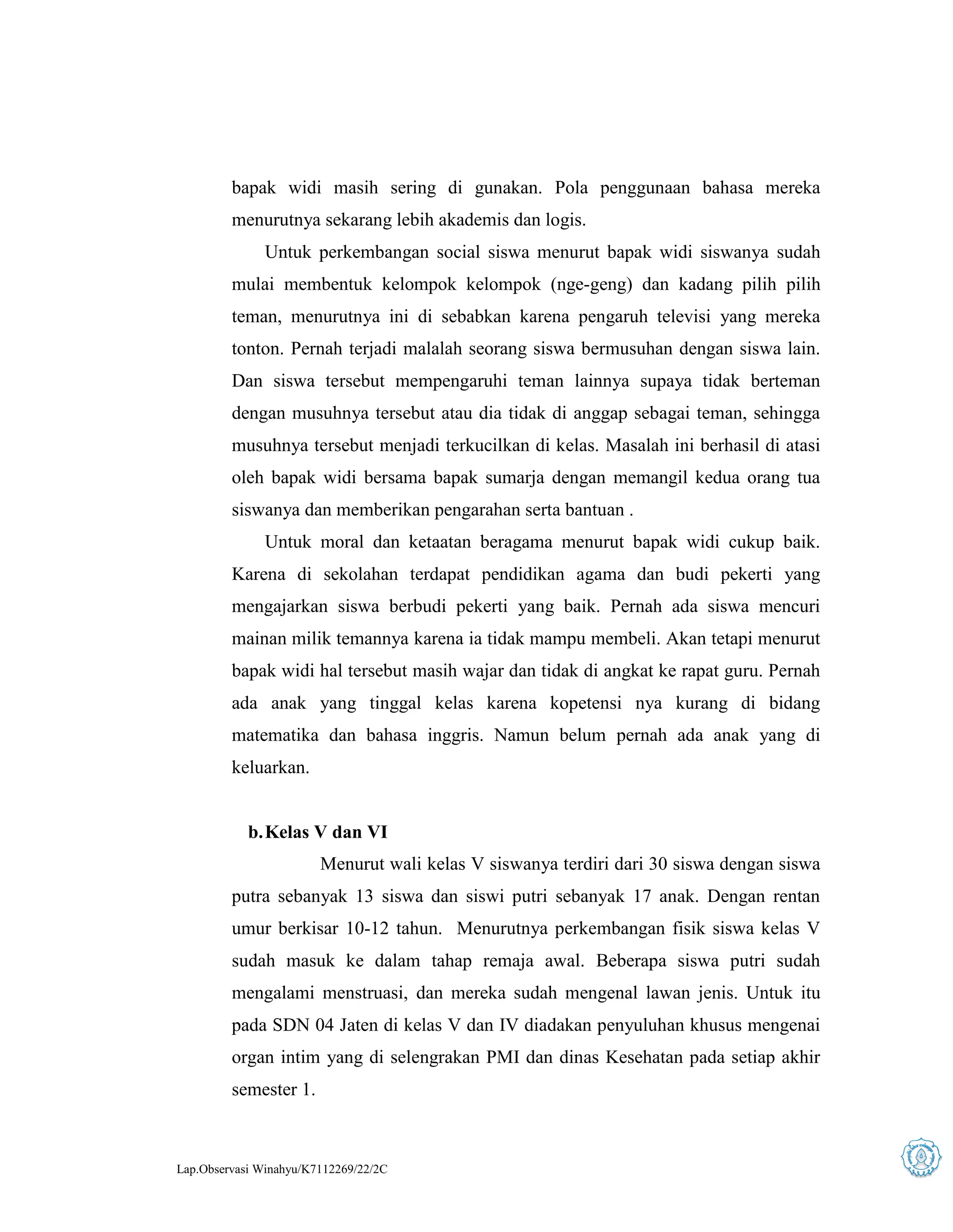 Laporan observasi Perkembangan Siswa Sekolah Dasar Negeri 04 Jaten kec.Jaten Karanganyar tahun ...