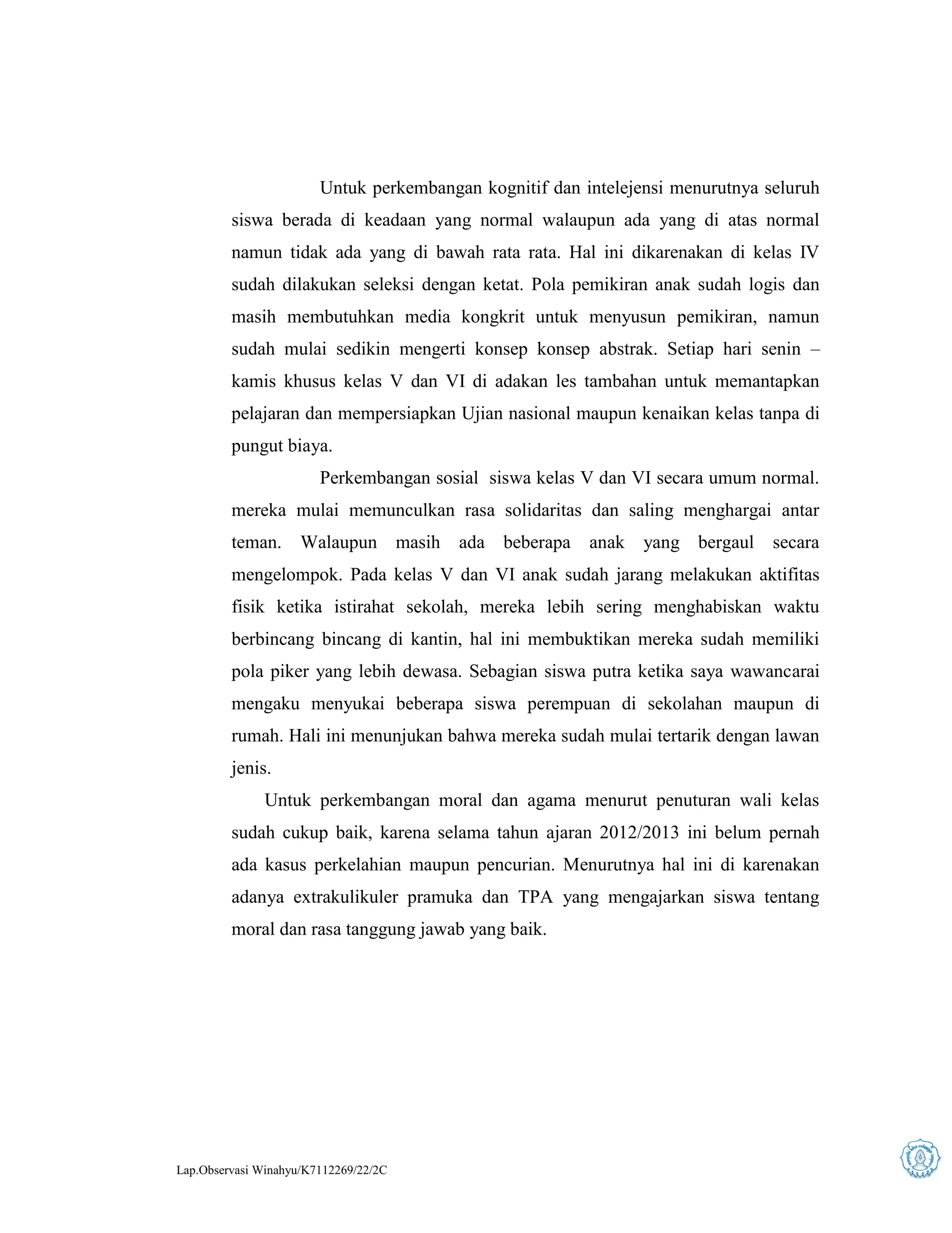 Laporan observasi Perkembangan Siswa Sekolah Dasar Negeri 04 Jaten kec.Jaten Karanganyar tahun ...