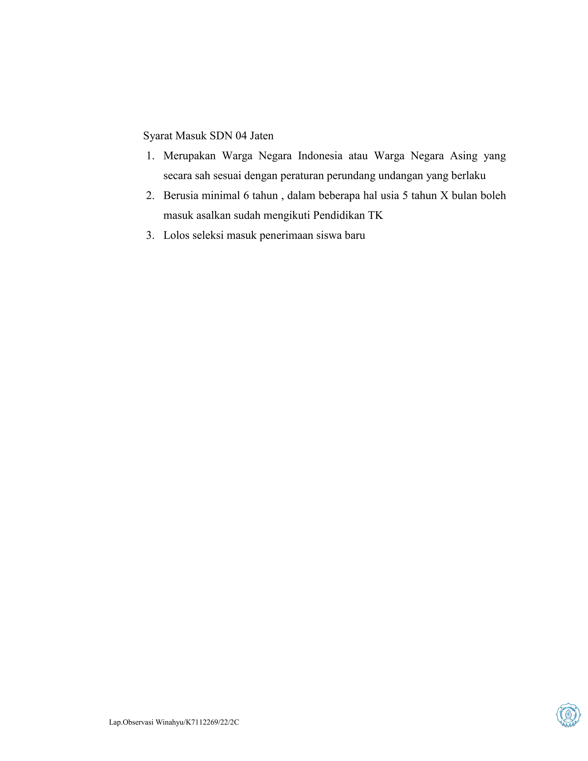 Laporan observasi Perkembangan Siswa Sekolah Dasar Negeri 04 Jaten kec.Jaten Karanganyar tahun ...