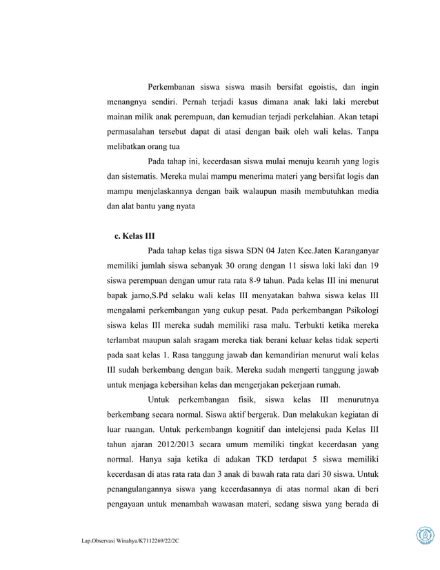 Laporan observasi Perkembangan Siswa Sekolah Dasar Negeri 04 Jaten kec.Jaten Karanganyar tahun ...